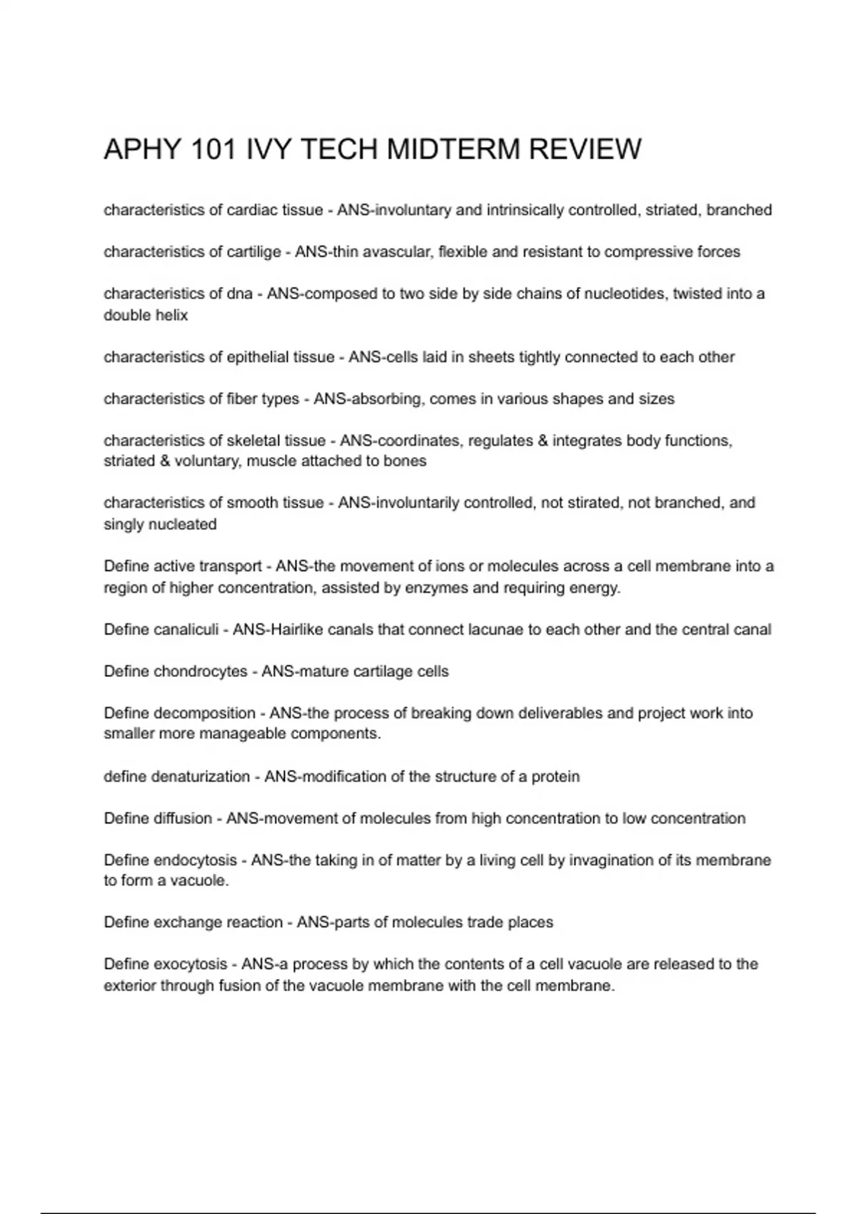 APHY 101 IVY TECH MIDTERM REVIEW – QUESTION AND ANSWERS | LATEST UPDATE ...