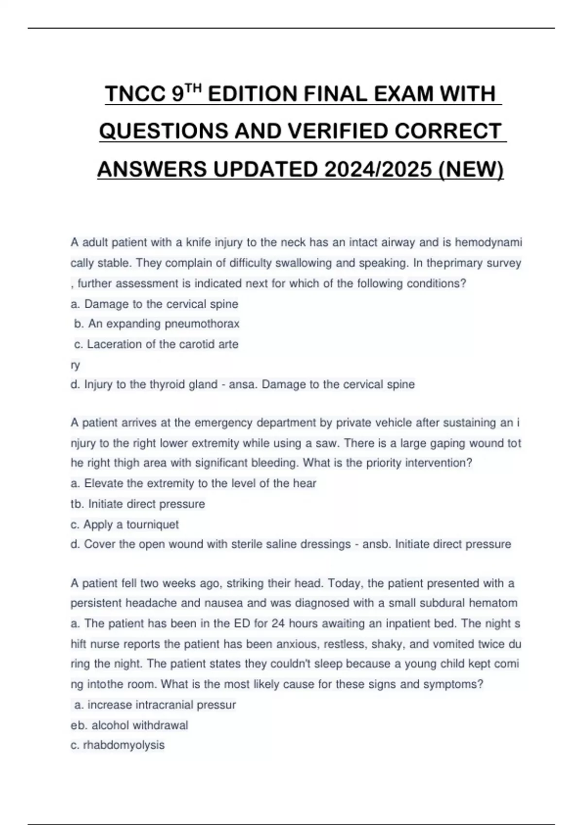 TNCC 9TH EDITION FINAL EXAM WITH QUESTIONS AND VERIFIED CORRECT ANSWERS ...