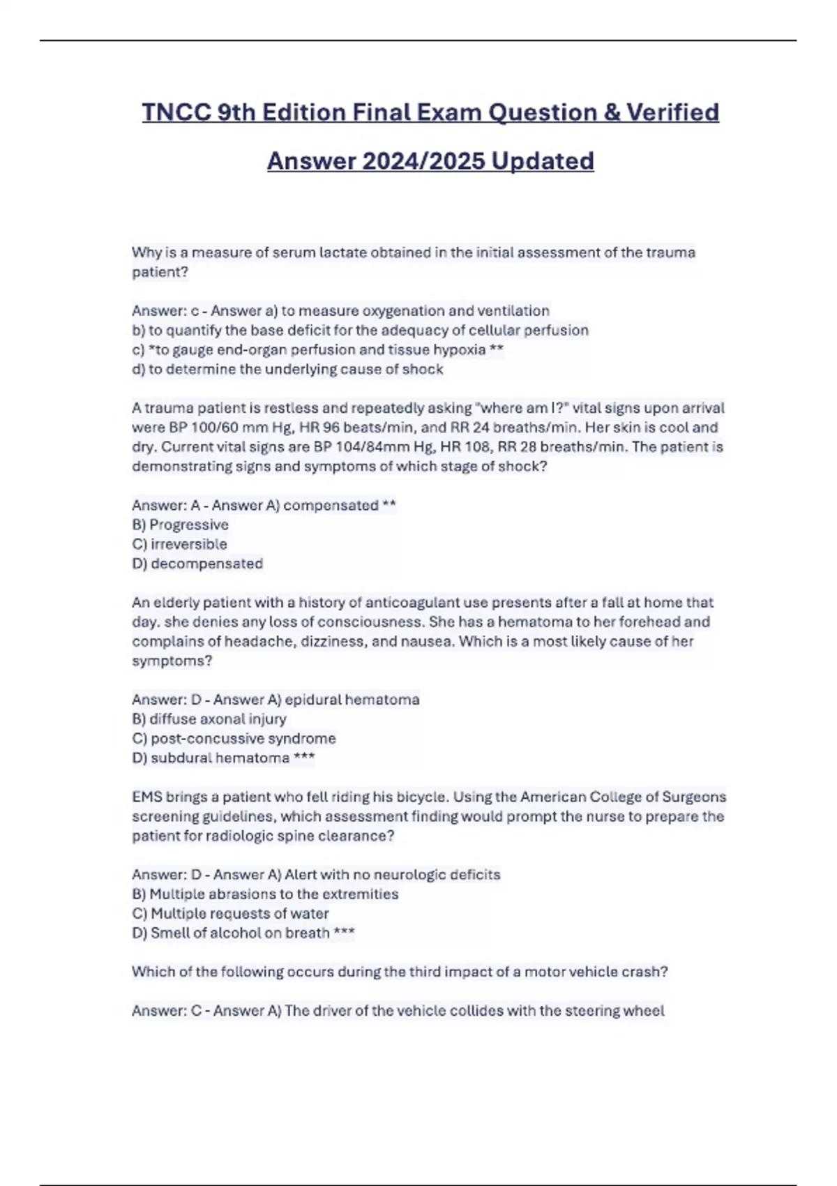 TNCC 9th Edition Final Exam Question & Verified Answer 2024/2025 ...