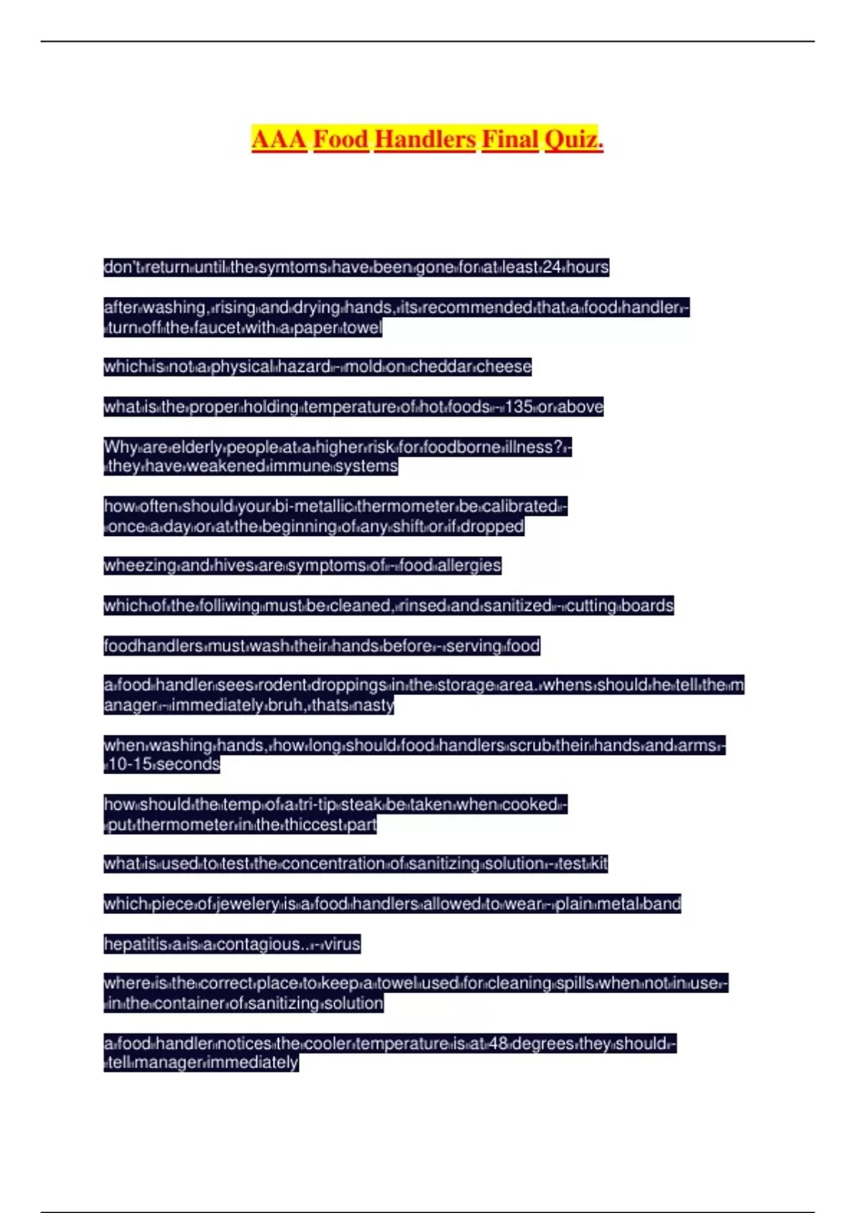 AAA Food Handlers Final Quiz with correct answers guaranteed 100% pass ...