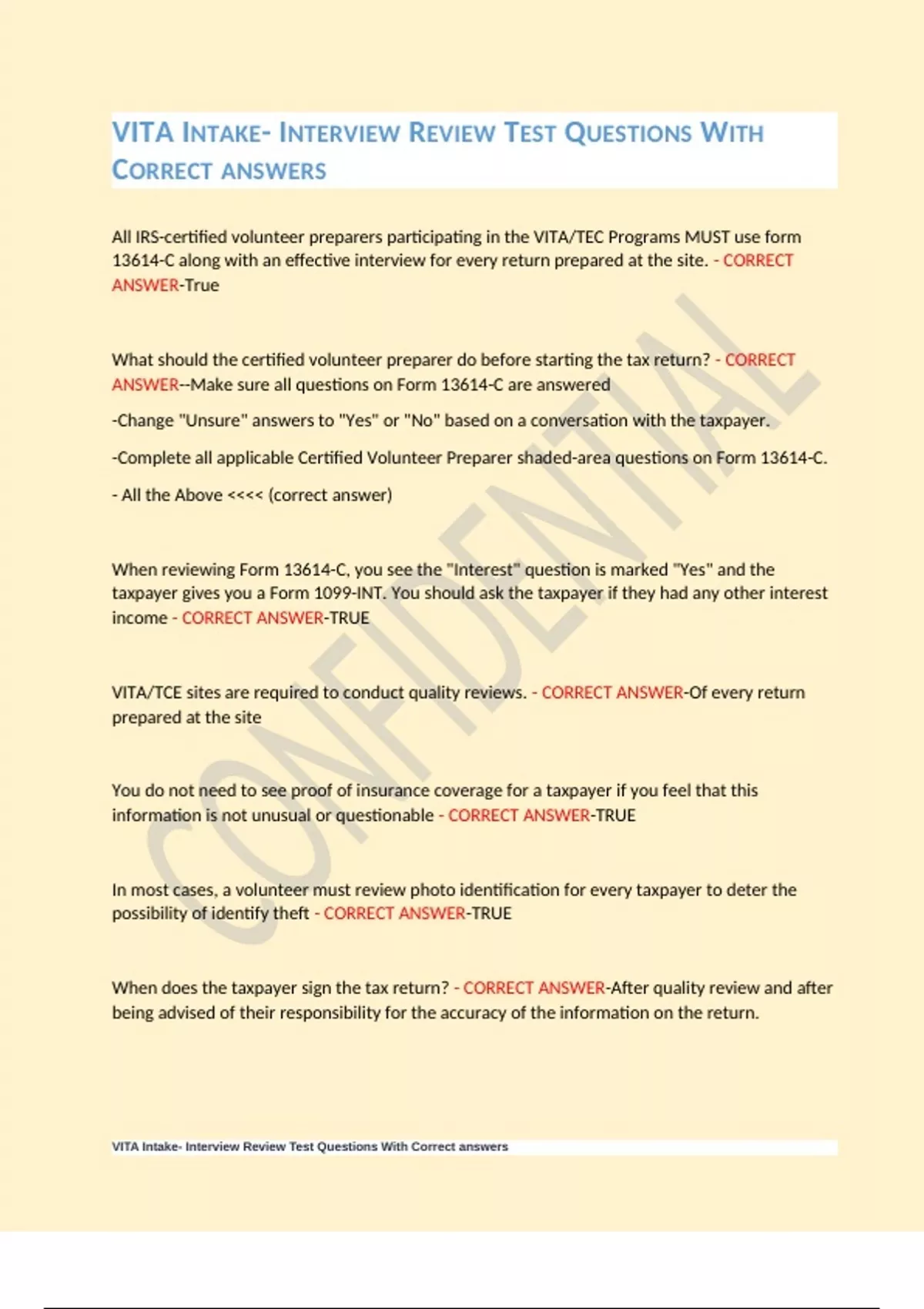 VITA INTAKE- INTERVIEW REVIEW TEST QUESTIONS WITH CORRECT ANSWERS ...