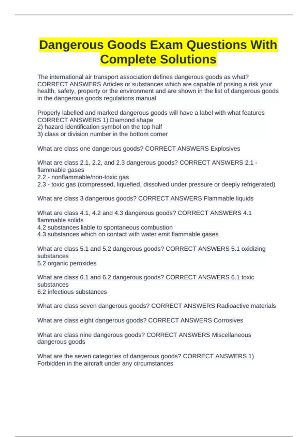Dangerous Goods Exam Questions With Complete Solutions - Dangerous Goods - Stuvia US