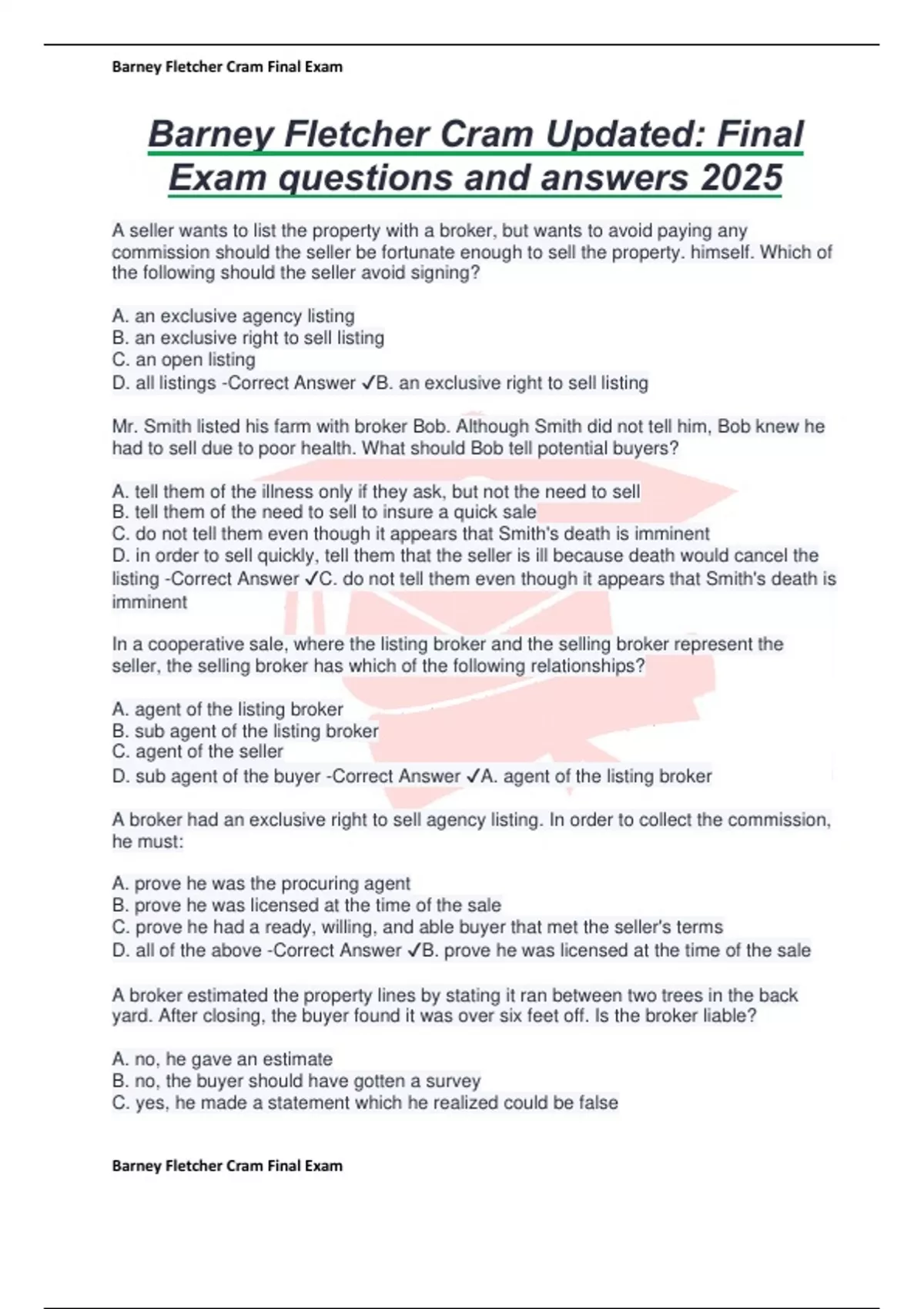 Barney Fletcher Cram Updated: Final Exam questions and answers 2025 - Barney Fletcher Cram ...