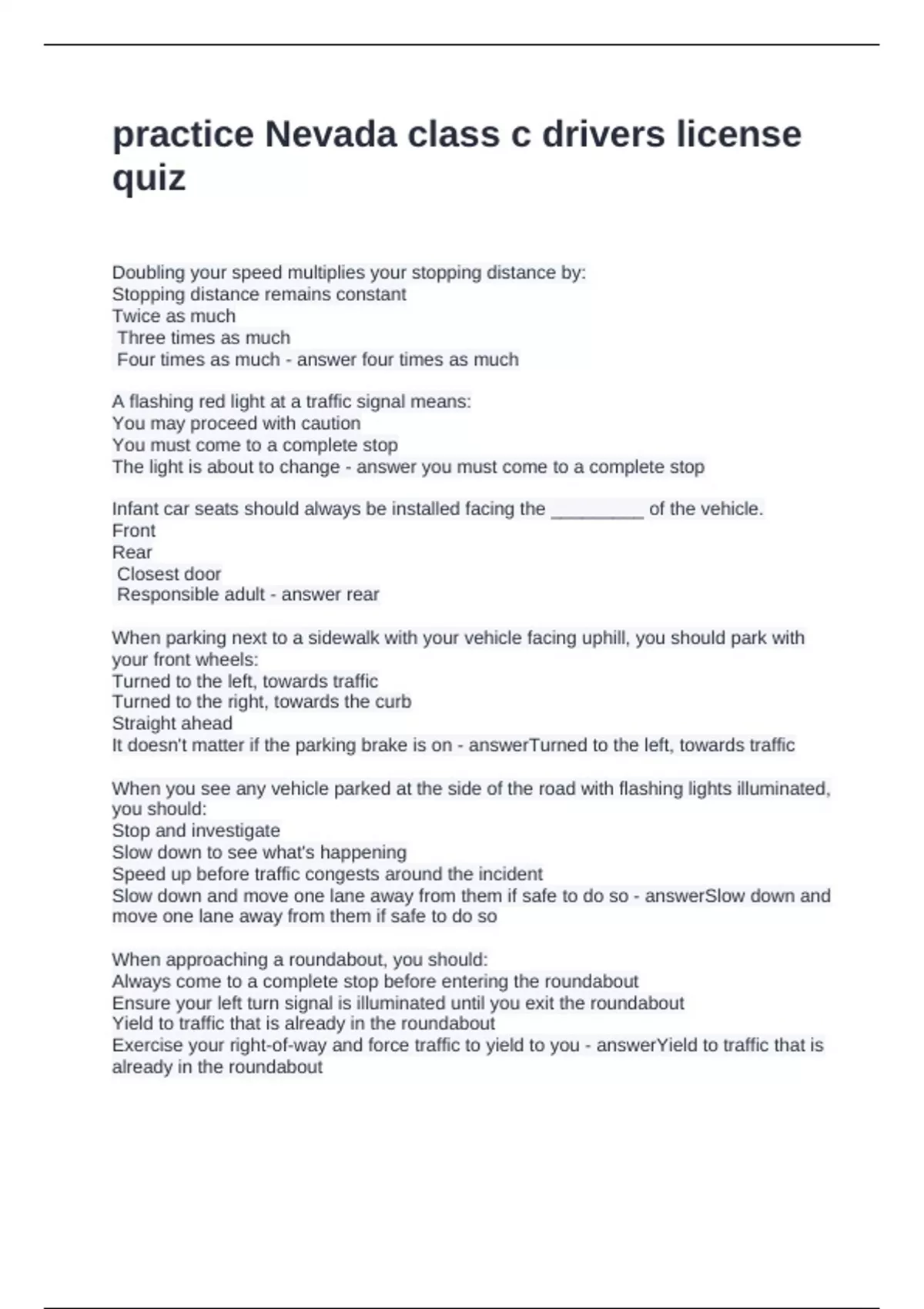 practice Nevada class c drivers license quiz Questions and Answers ...