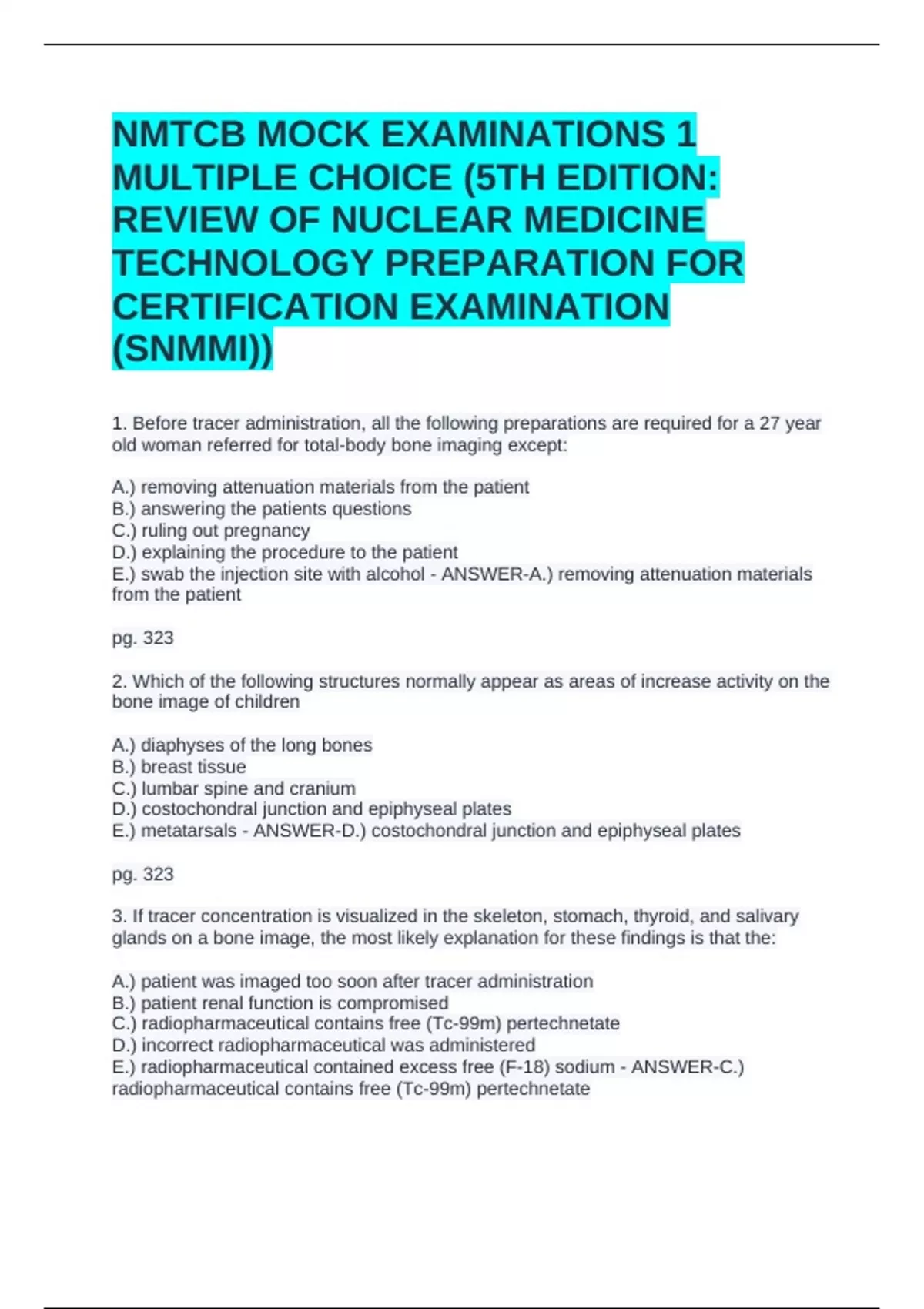 NMTCB MOCK EXAMINATIONS 1 MULTIPLE CHOICE (5TH EDITION: REVIEW OF ...