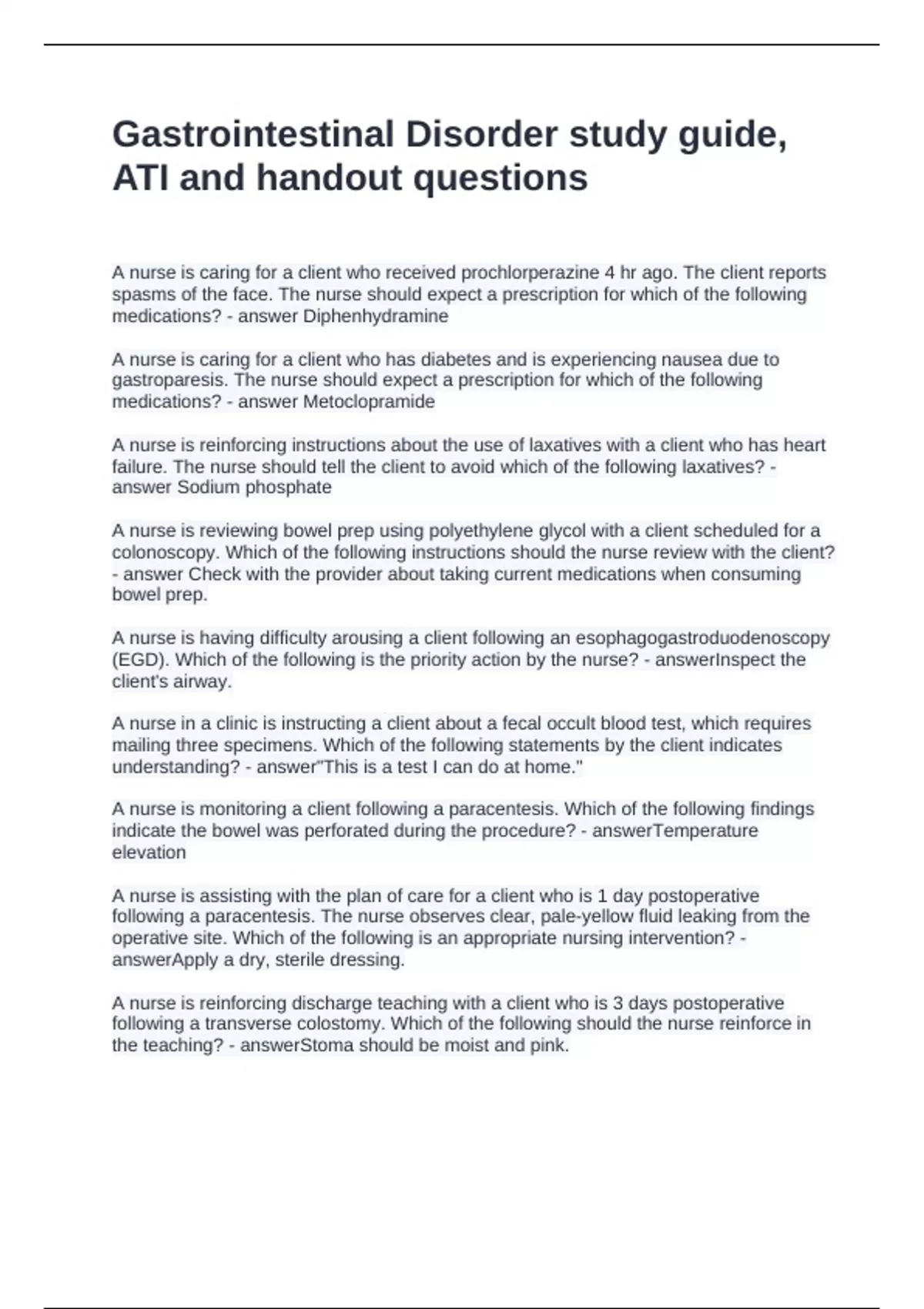 Gastrointestinal Disorder study guide, ATI and handout questions with ...