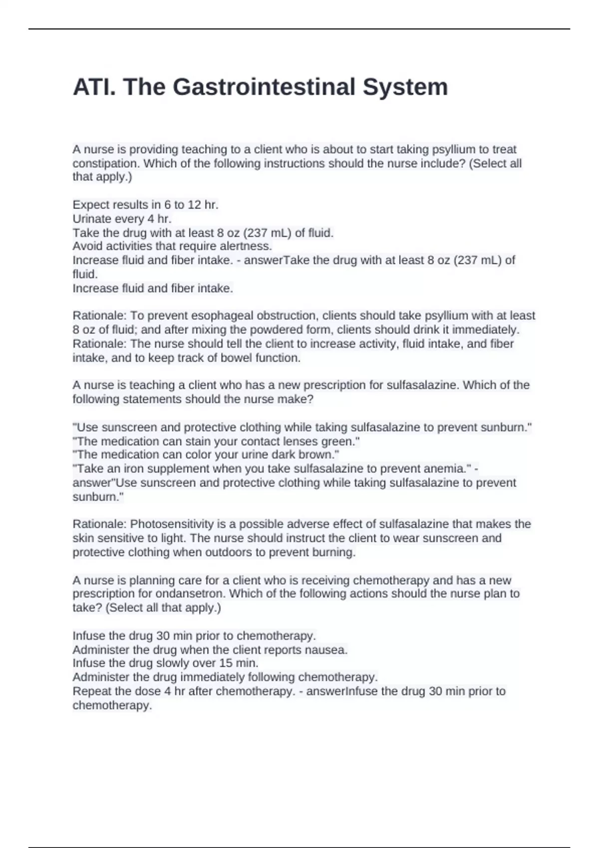 ATI. The Gastrointestinal System Questions and Answers 2024 - ATI ...