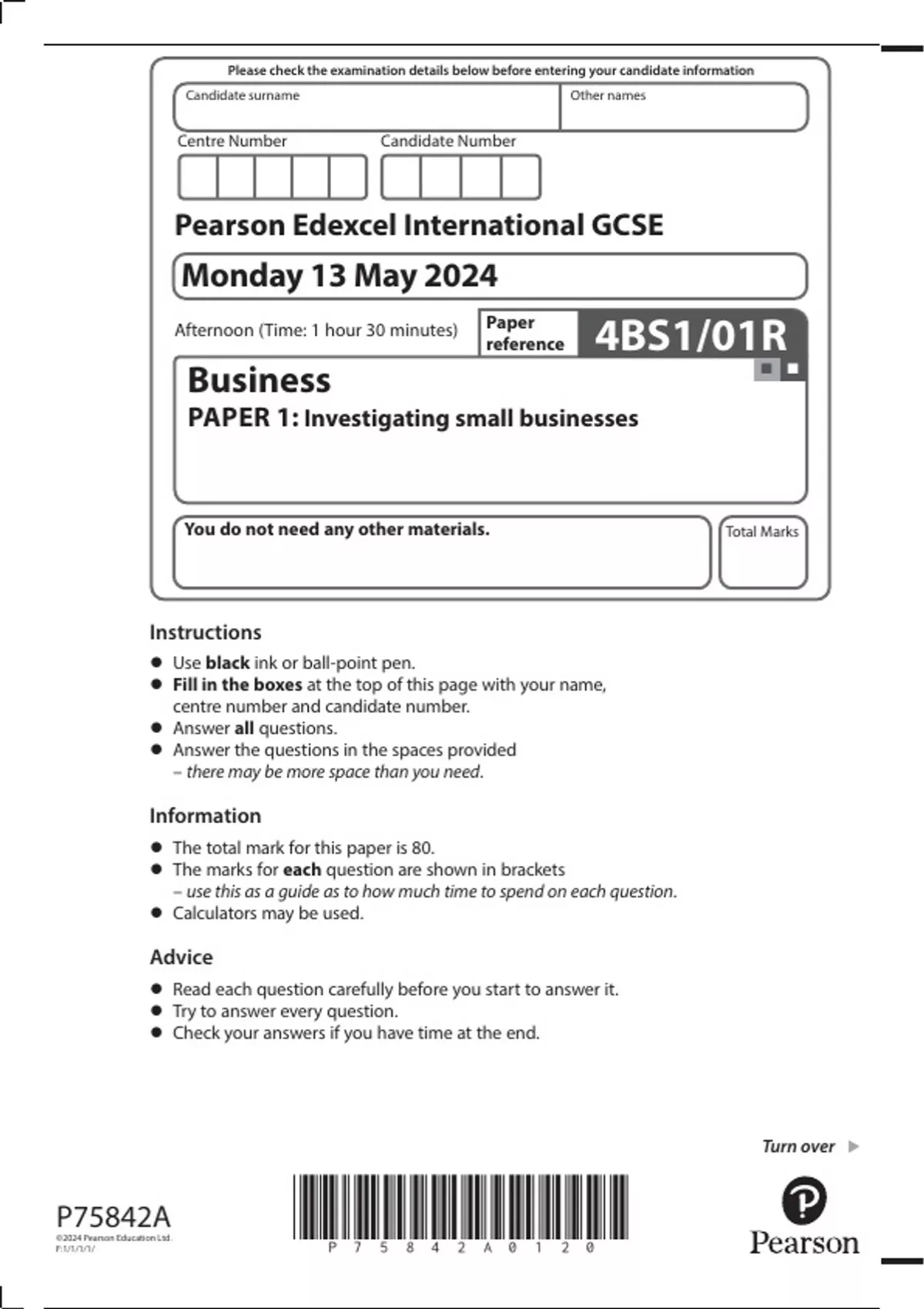 Pearson Edexcel International GCSE 4BS1/01R Business PAPER 1 ...