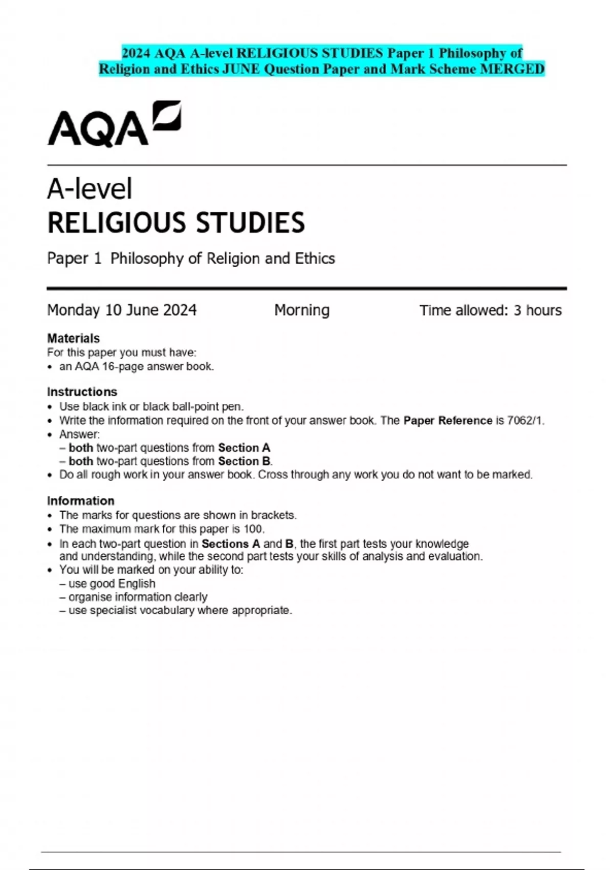 2024 AQA A-level RELIGIOUS STUDIES Paper 1 Philosophy of Religion and ...