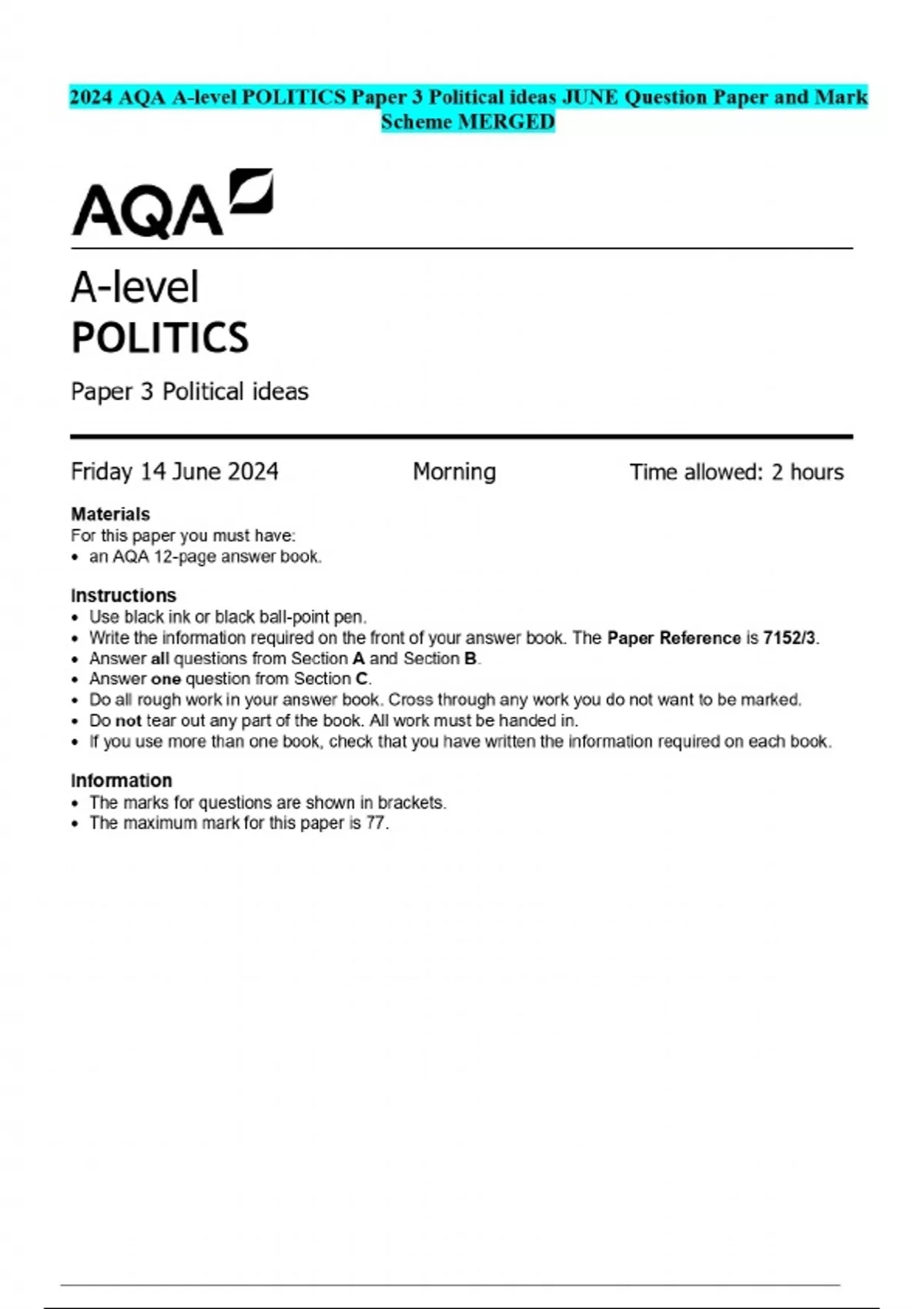 2024 AQA A-level POLITICS Paper 3 Political ideas JUNE Question Paper ...