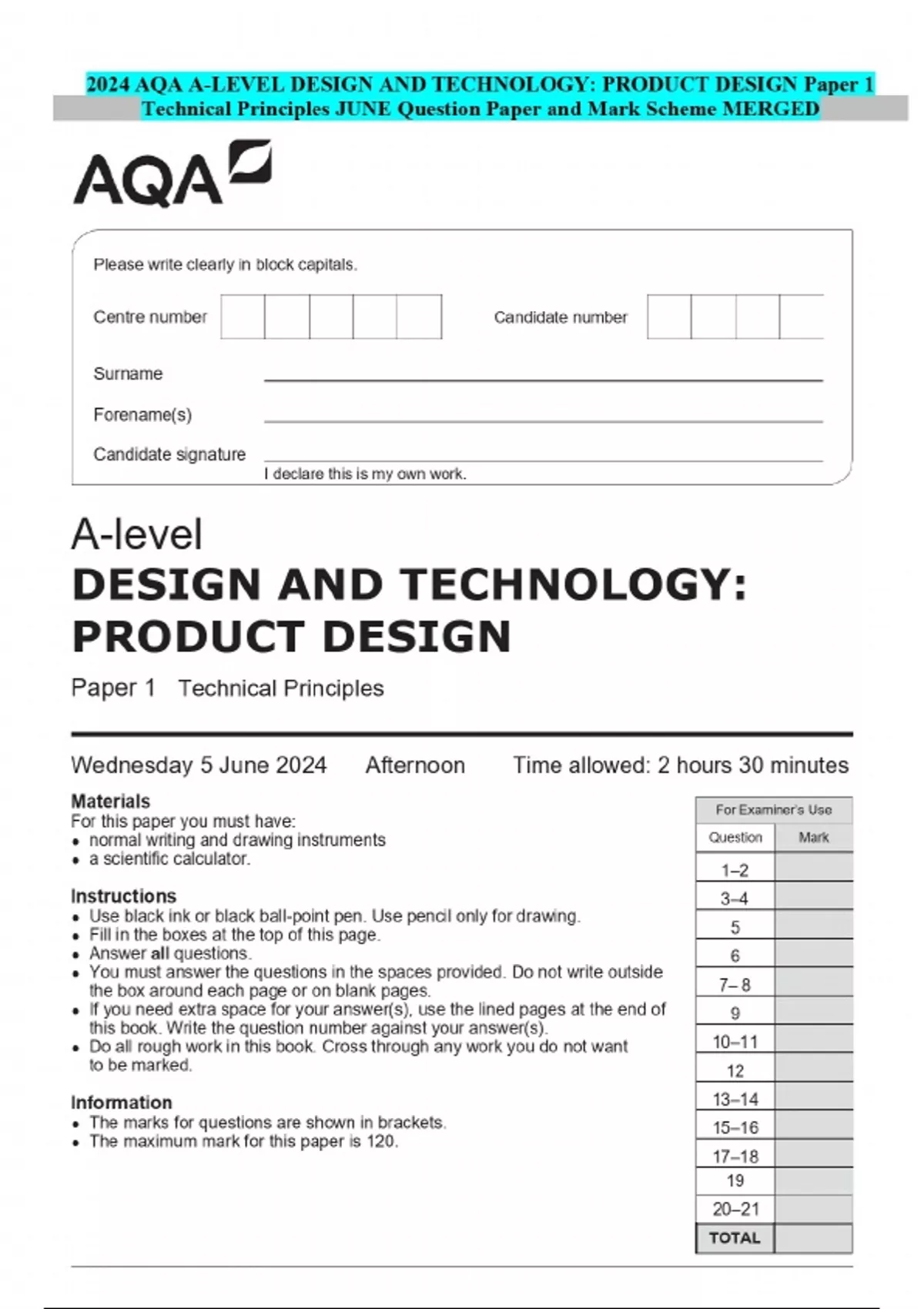 2024 AQA A-LEVEL DESIGN AND TECHNOLOGY: PRODUCT DESIGN Paper 1 ...