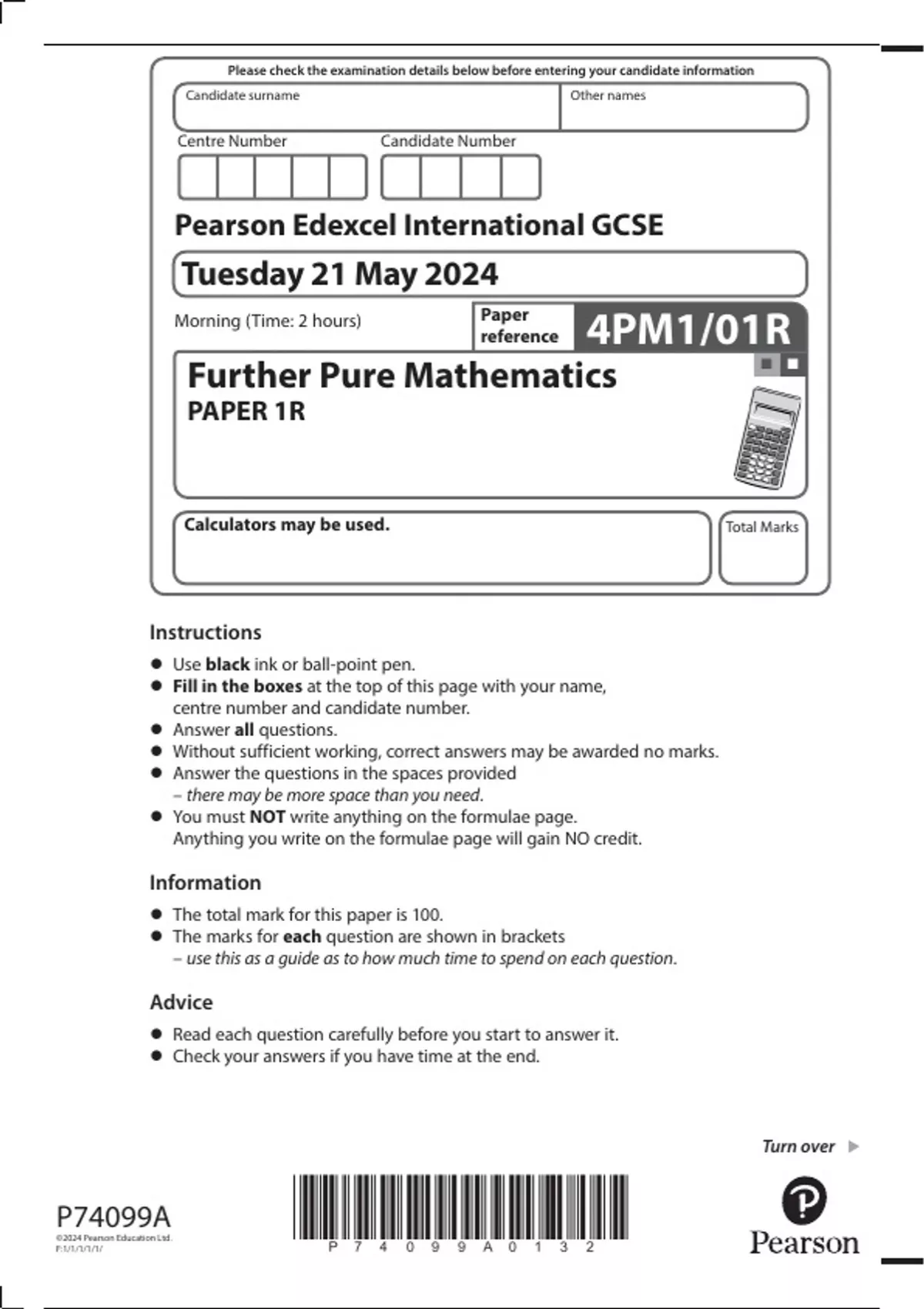 Pearson Edexcel International GCSE 4PM1/01R Further Pure Mathematics ...