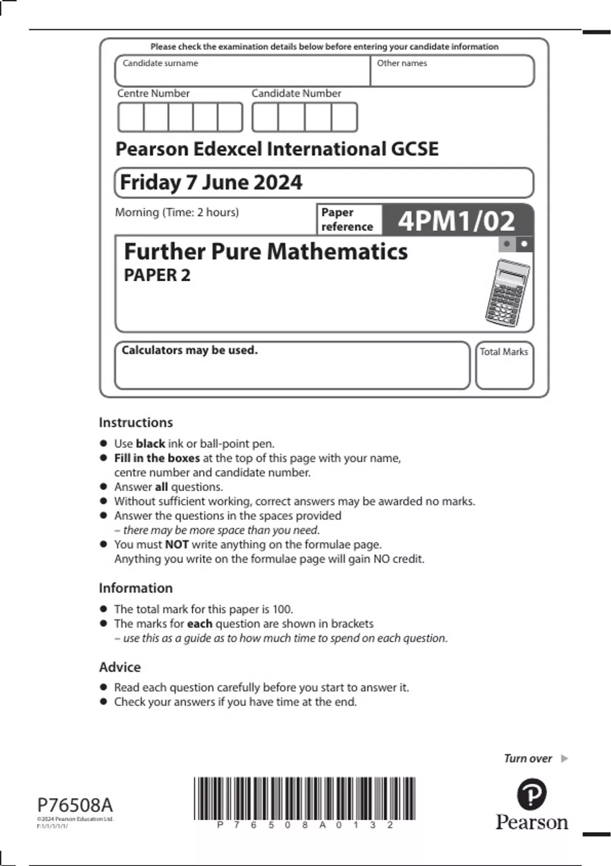 Pearson Edexcel International GCSE 4PM1/02 Further Pure Mathematics ...