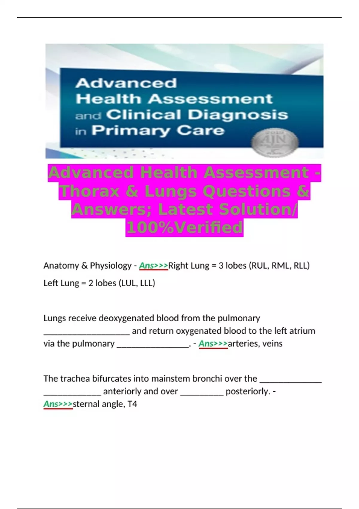 Advanced Health Assessment - Thorax & Lungs Questions & Answers; Latest ...