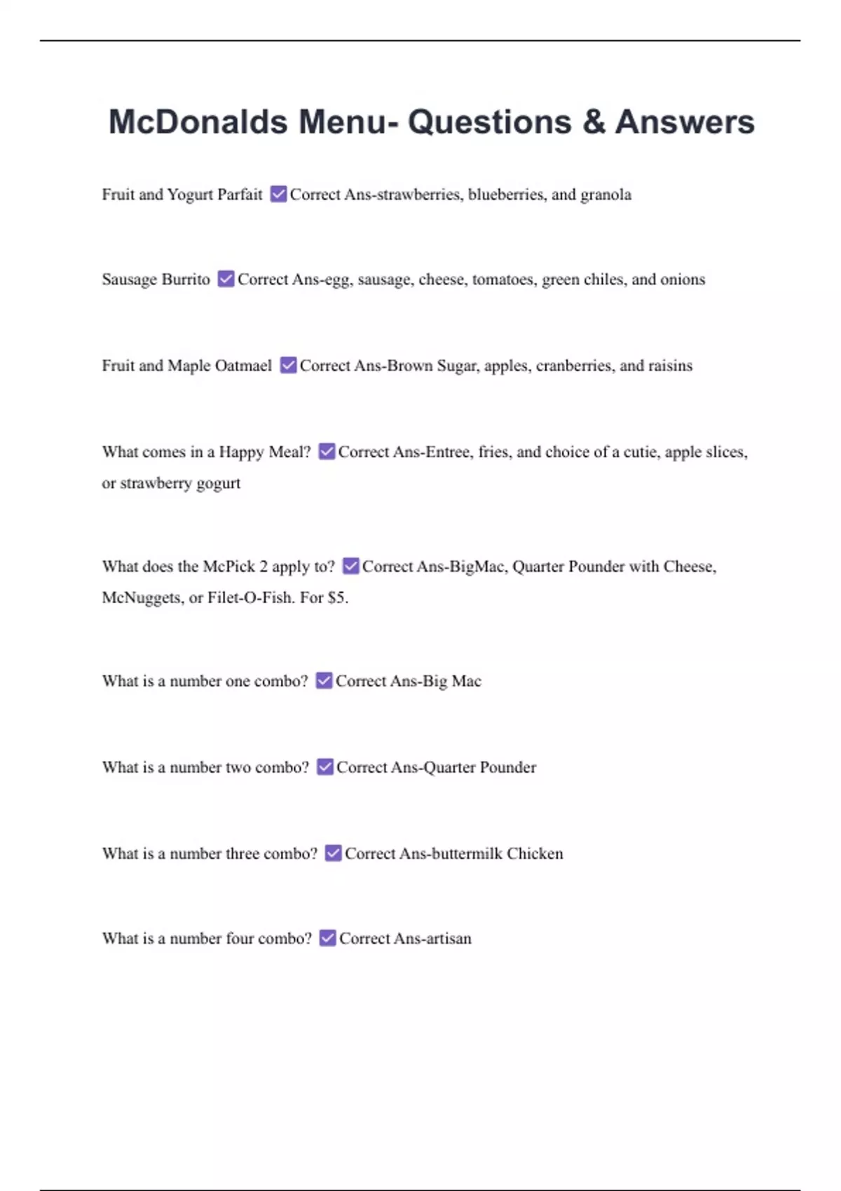 McDonalds Menu- Questions & Answers - McDonald - Stuvia US