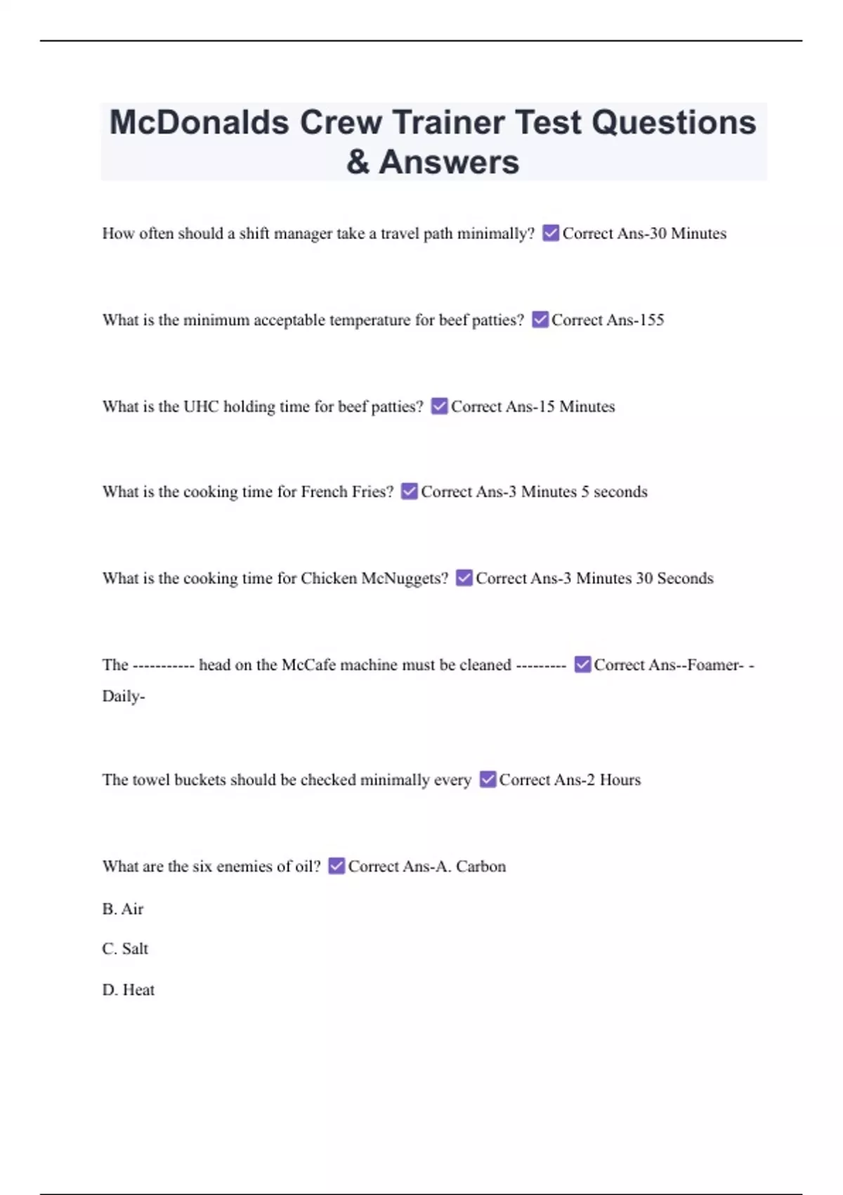 McDonalds Crew Trainer Test Questions & Answers - McDonald - Stuvia US