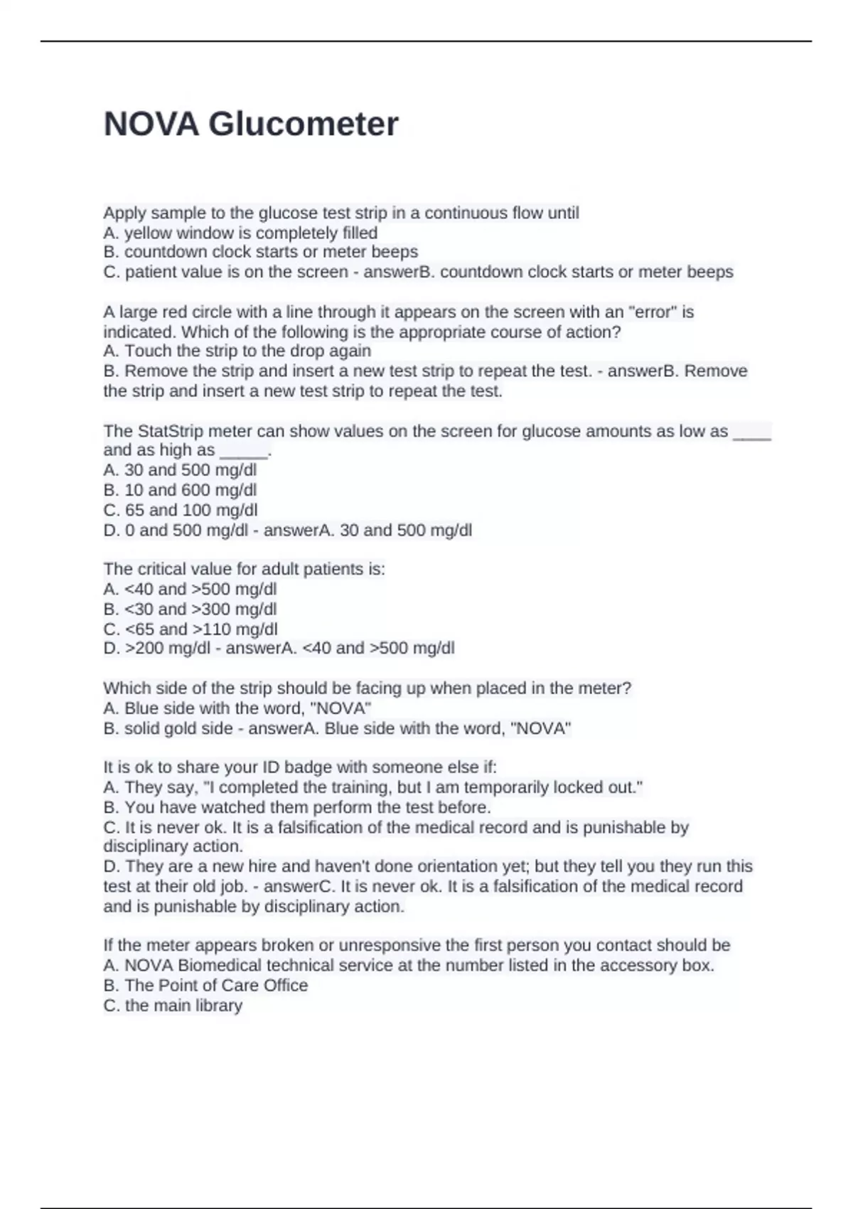 NOVA Glucometer Exam Bundle Latest Updated 2024 - Stuvia US