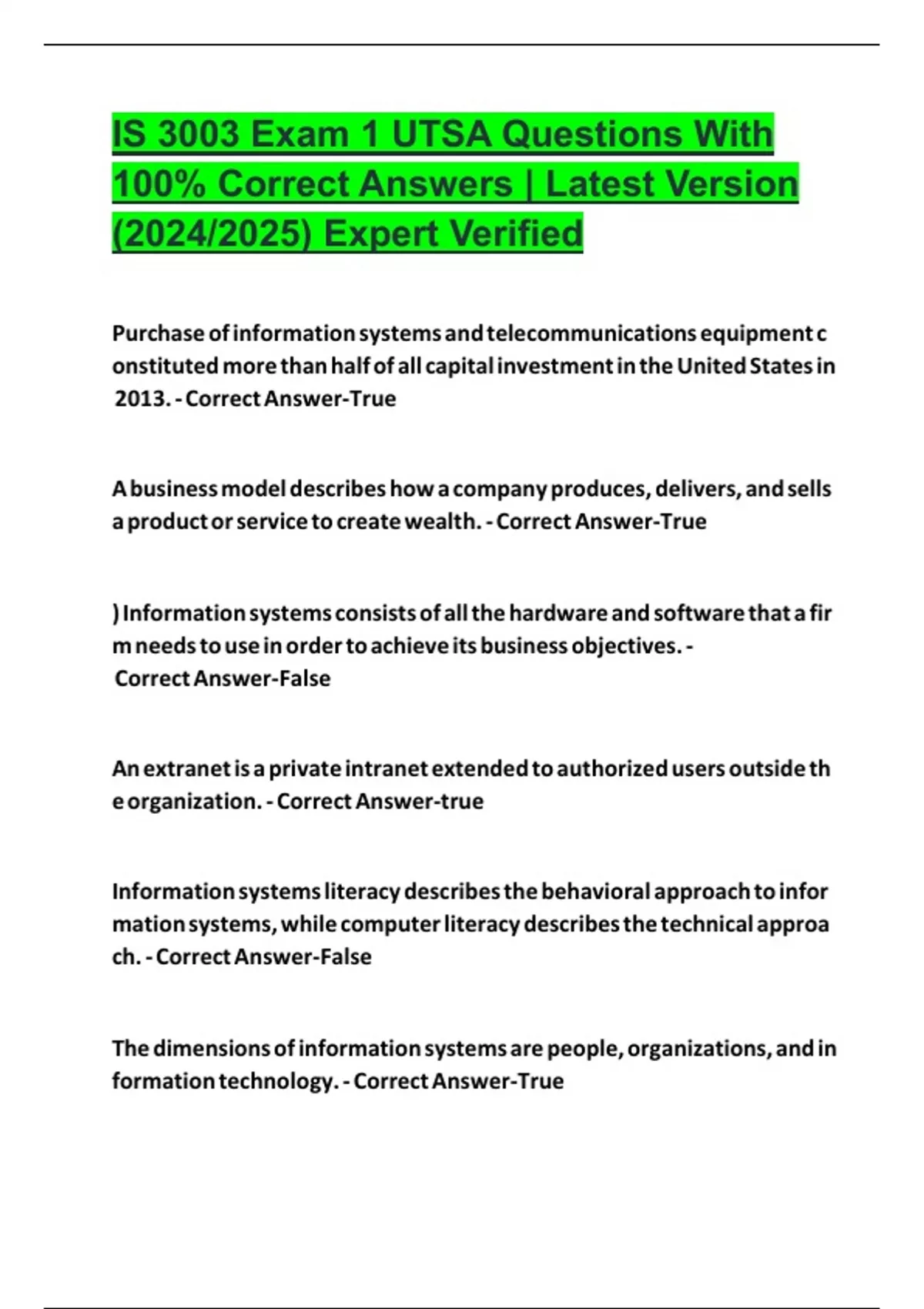 IS 3003 Exam 1 UTSA Questions With 100% Correct Answers | Latest ...
