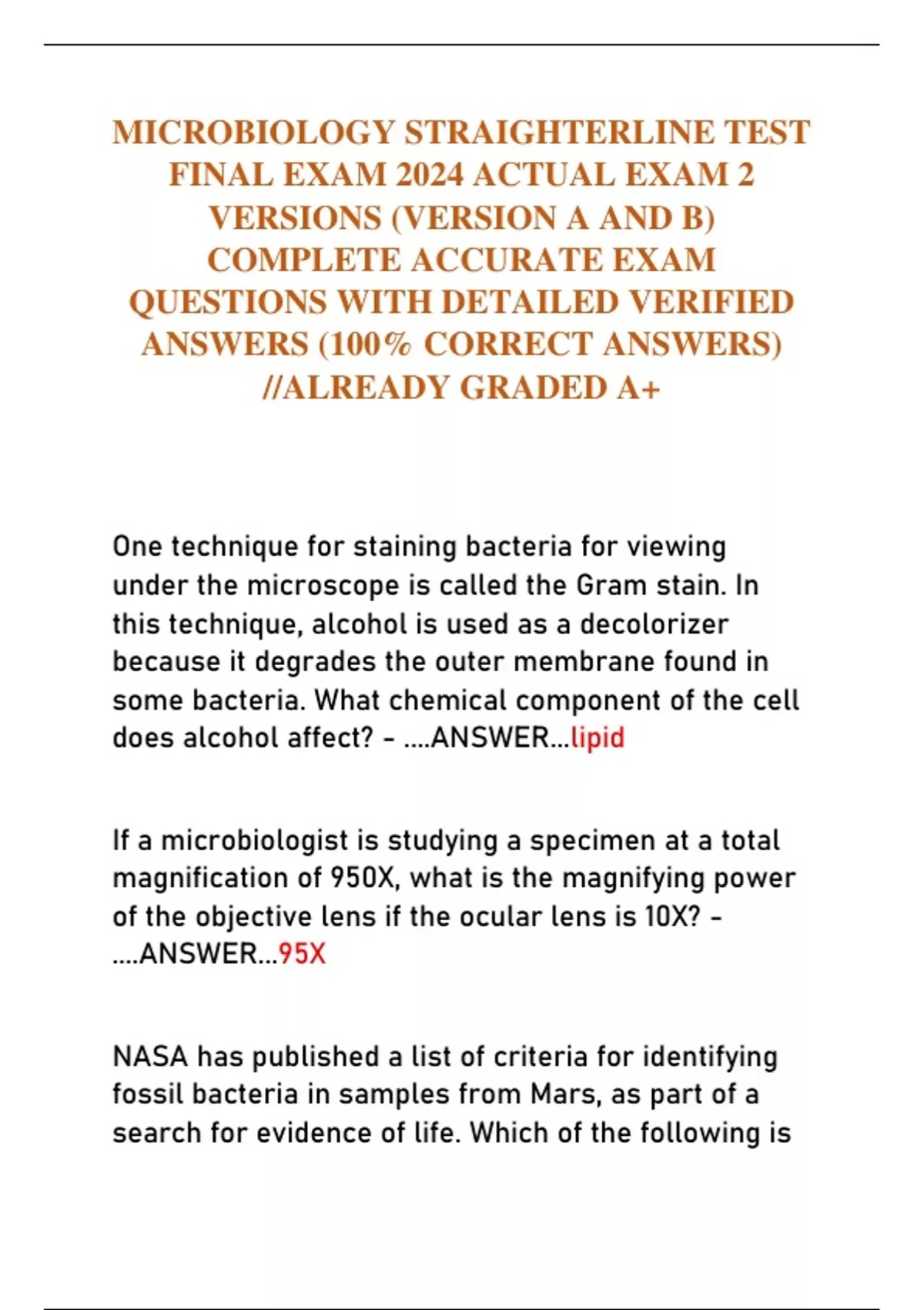 MICROBIOLOGY STRAIGHTERLINE TEST FINAL EXAM 2024 ACTUAL EXAM 2 VERSIONS ...