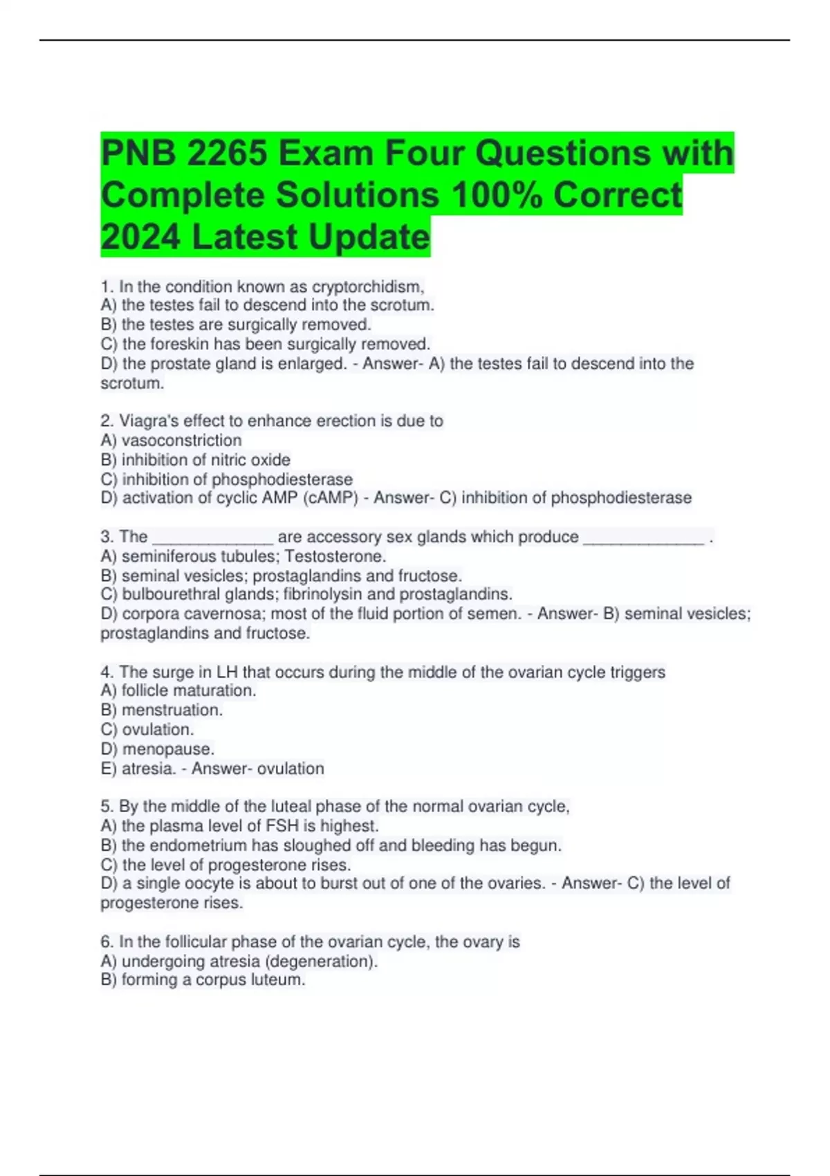 PNB 2265 Exam Four Questions with Complete Solutions 100% Correct 2024 ...