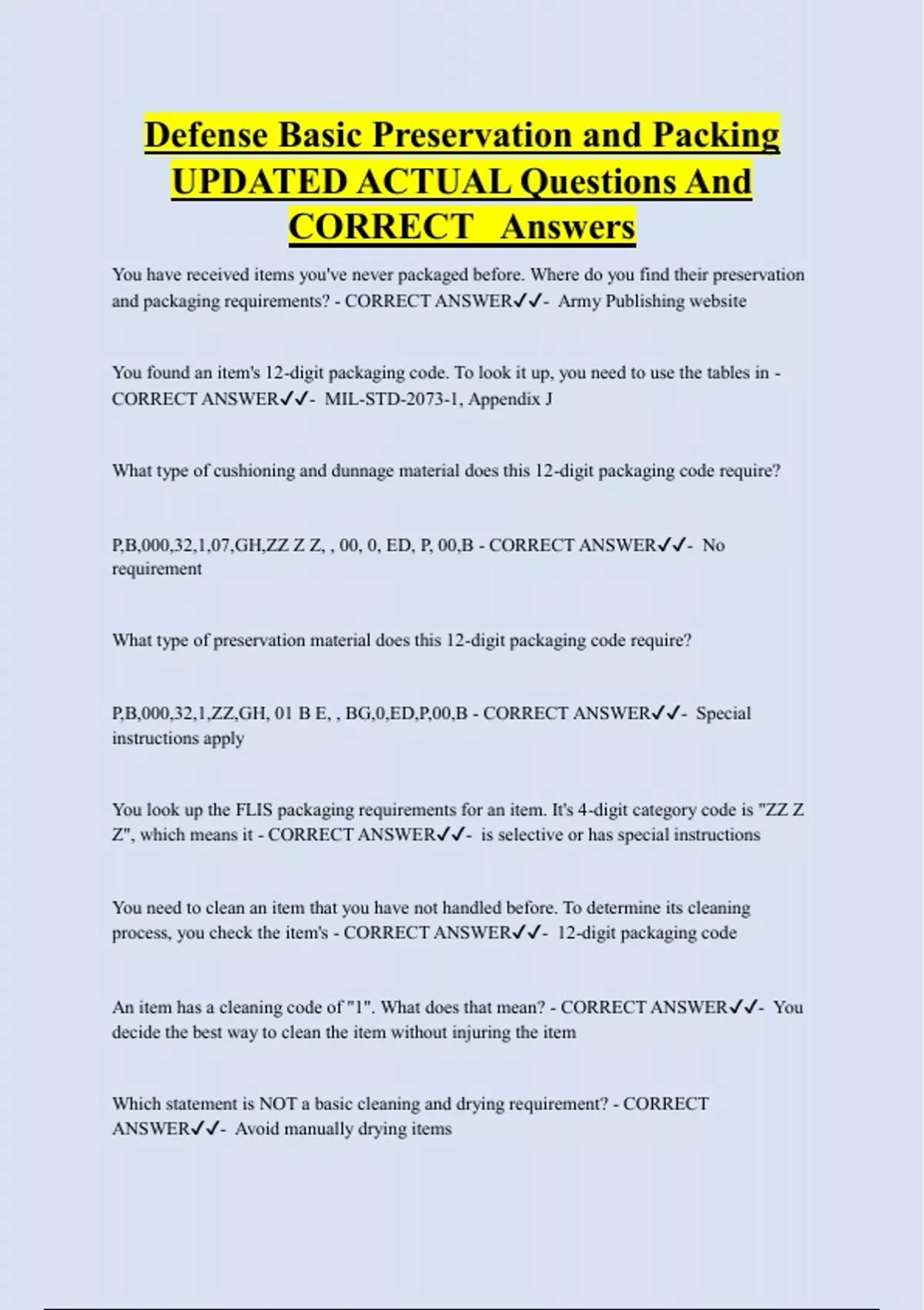 Defense Basic Preservation and Packing UPDATED ACTUAL Questions And CORRECT Answers - Defense ...