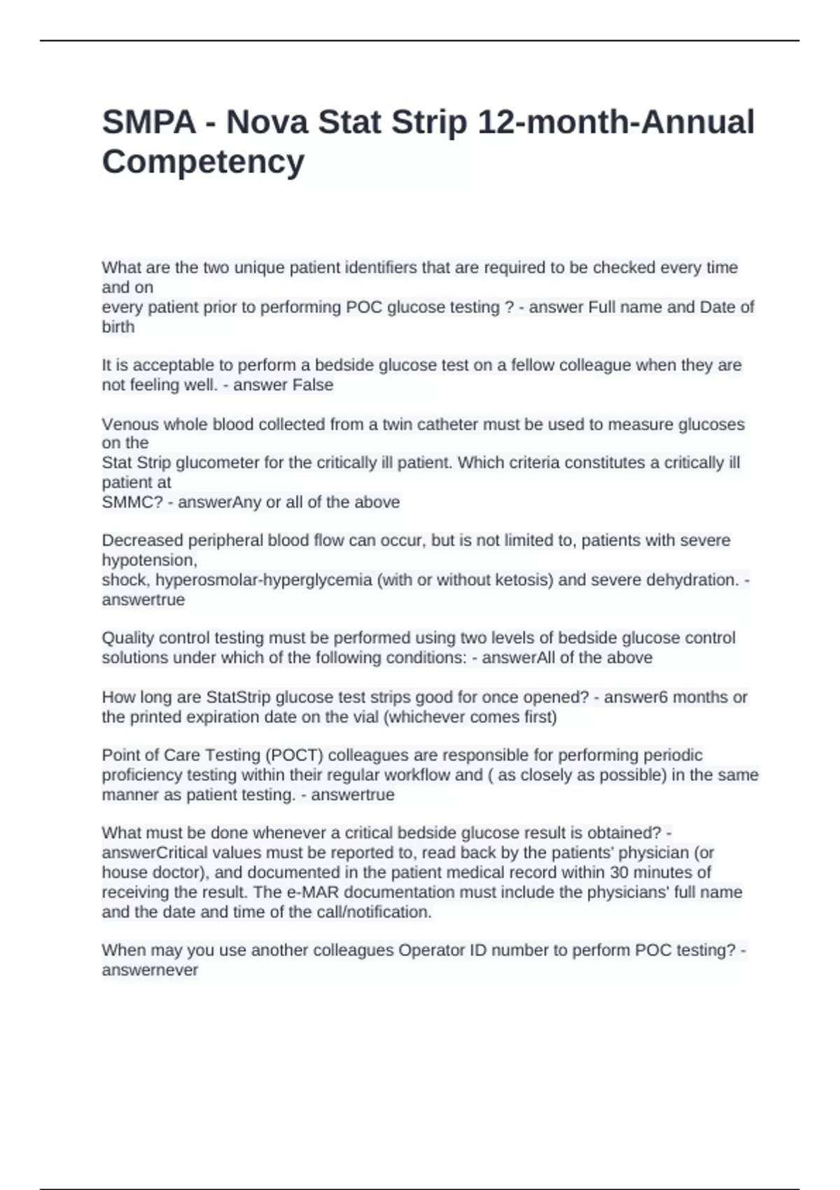 SMPA - Nova Stat Strip 12-month-Annual Competency Questions and Answers ...