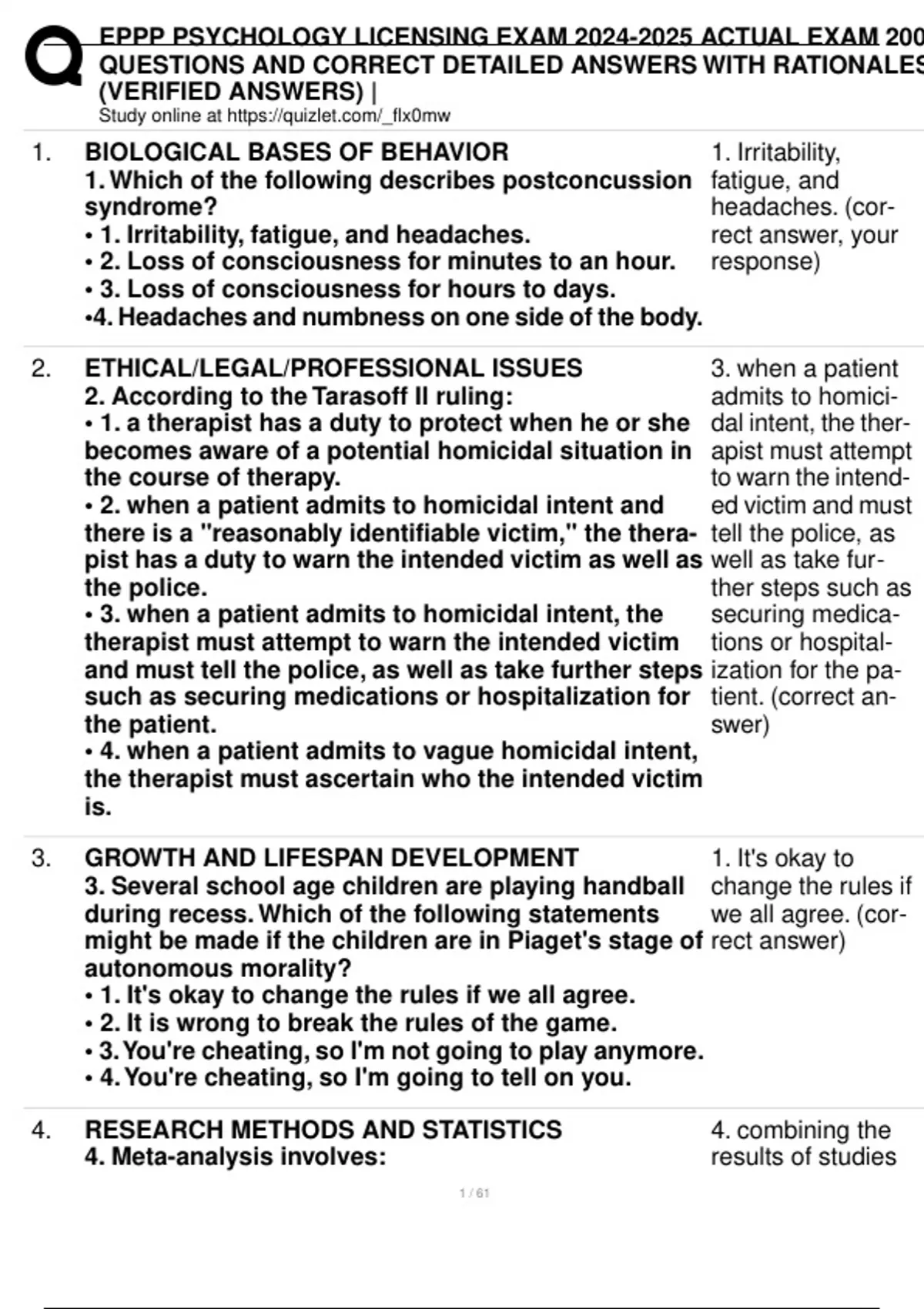 EPPP PSYCHOLOGY LICENSING EXAM ACTUAL EXAM 200 QUESTIONS AND CORRECT ...