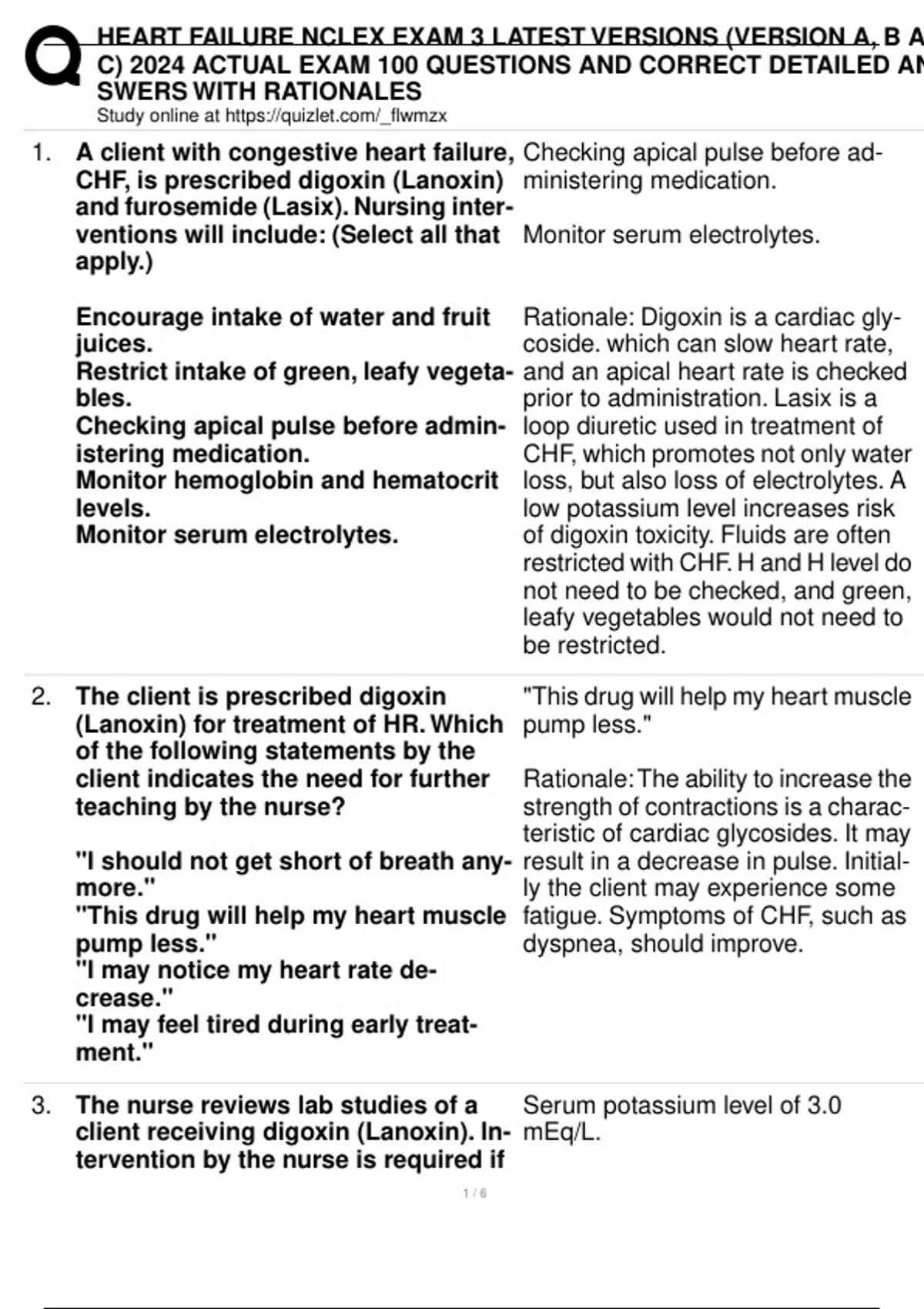 HEART FAILURE NCLEX EXAM 3 LATEST VERSIONS (VERSION A, B AND C) 2024 ...