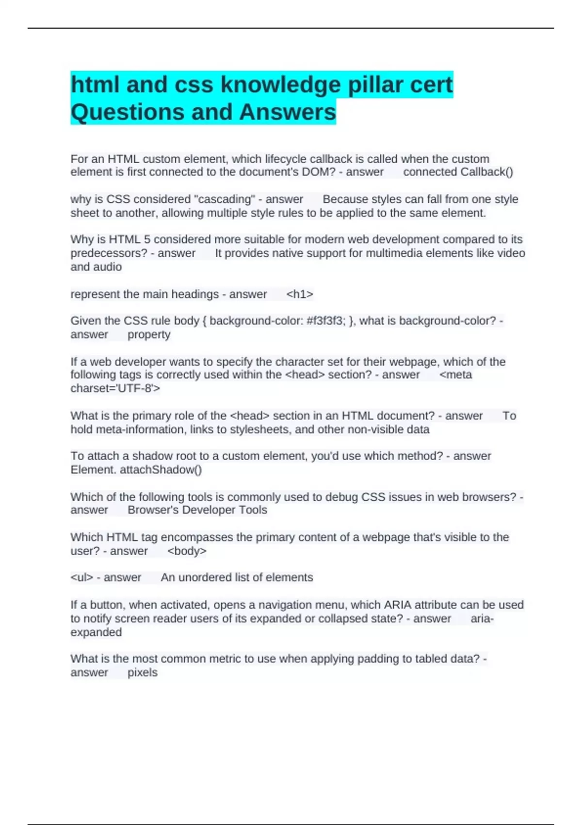 html and css knowledge pillar cert Questions and Answers - PCSS - Stuvia US