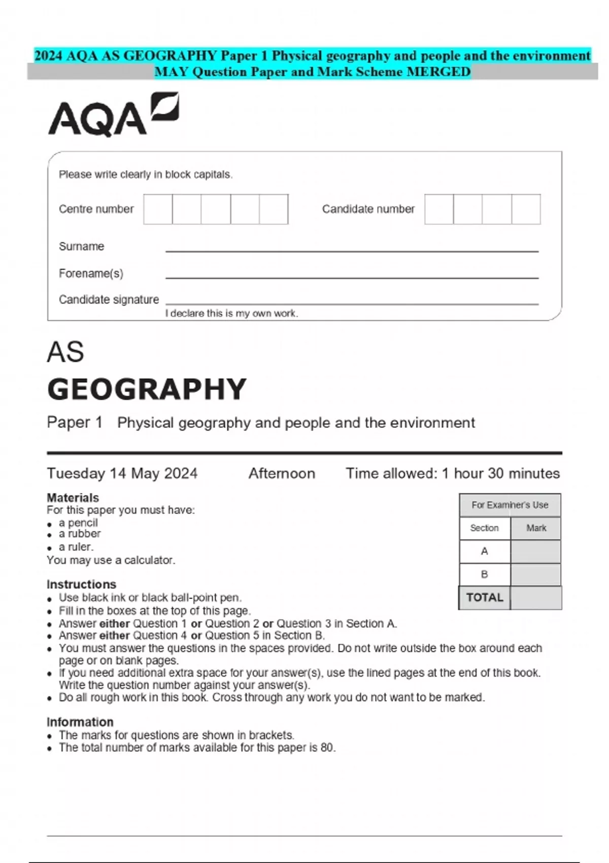 EXAMS BUNDLE::::2024 AQA AS GEOGRAPHY | Question Papers and Mark Scheme ...