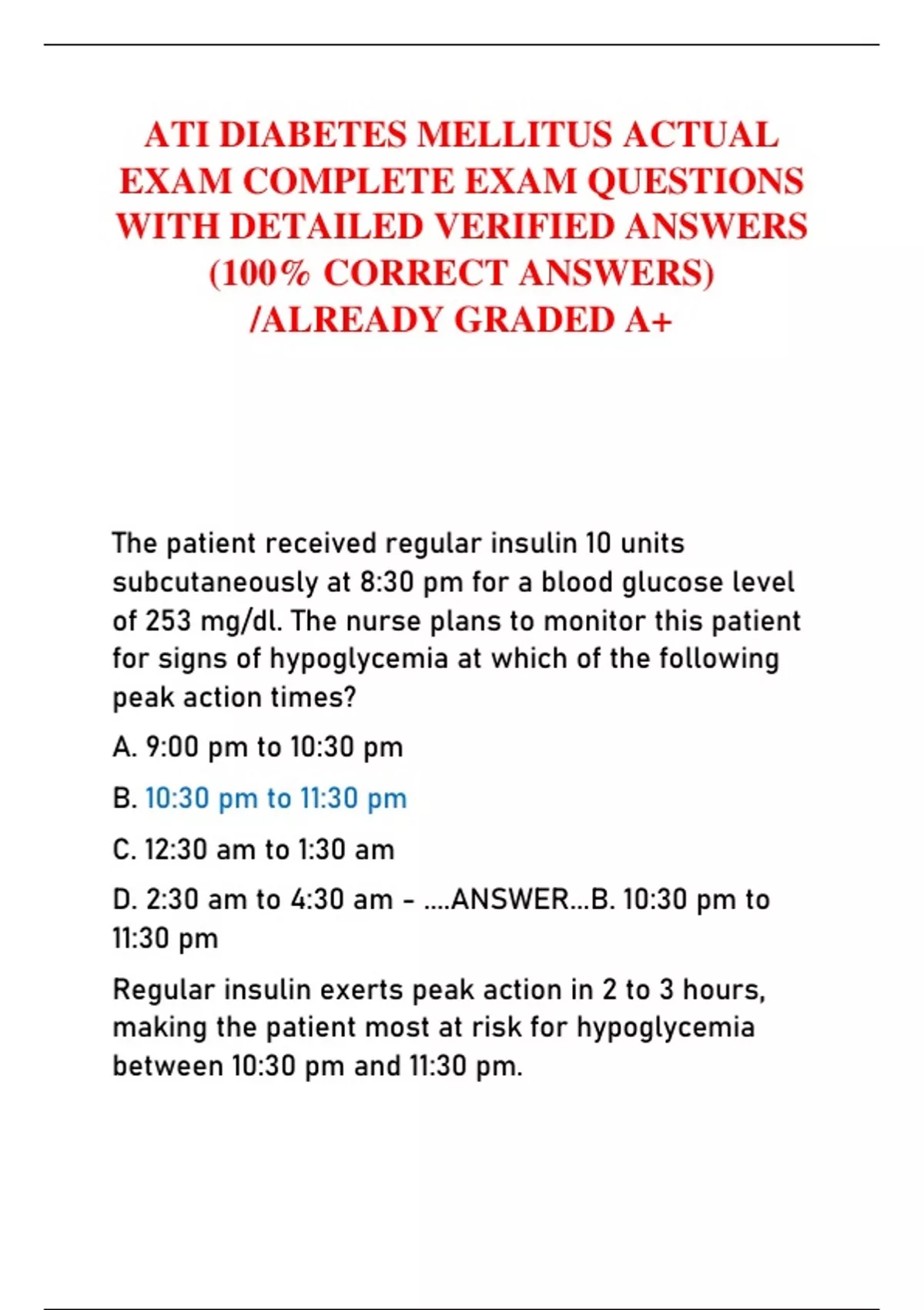 ATI DIABETES MELLITUS ACTUAL EXAM COMPLETE EXAM QUESTIONS WITH DETAILED ...