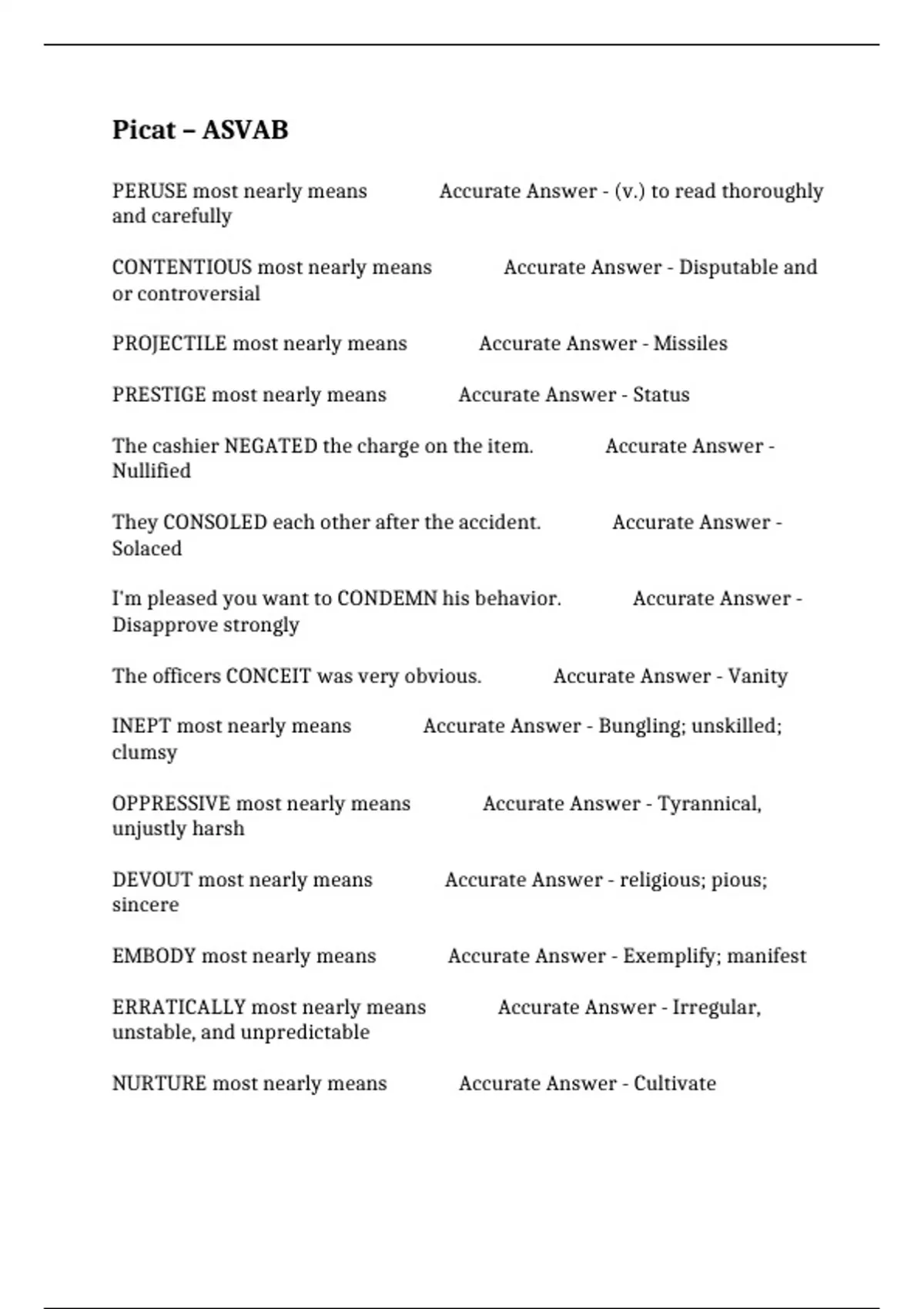 PICAT – ASVAB– QUESTIONS WITH ACCURATE ANSWERS - ASVAB PICAT - Stuvia US