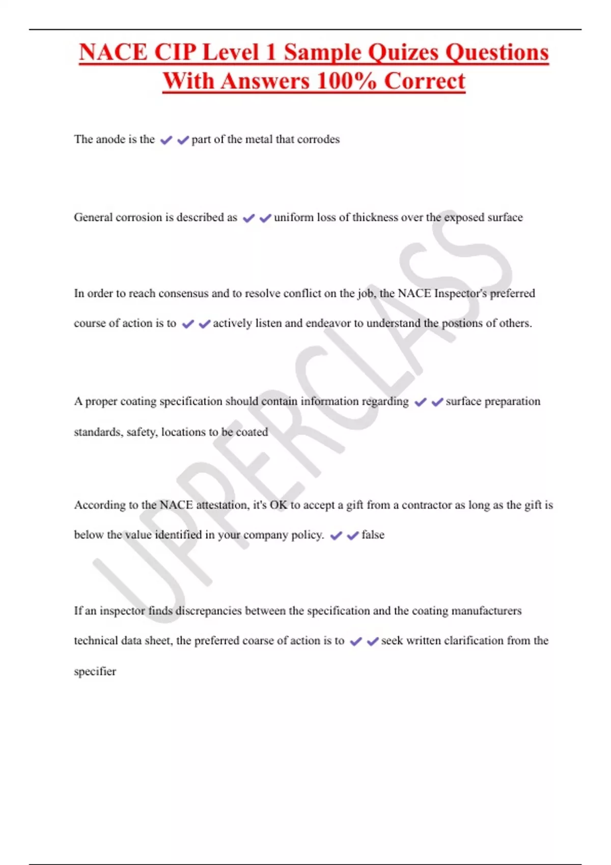 NACE CIP Level 1 Sample Quizes Questions With Answers 100% Correct ...