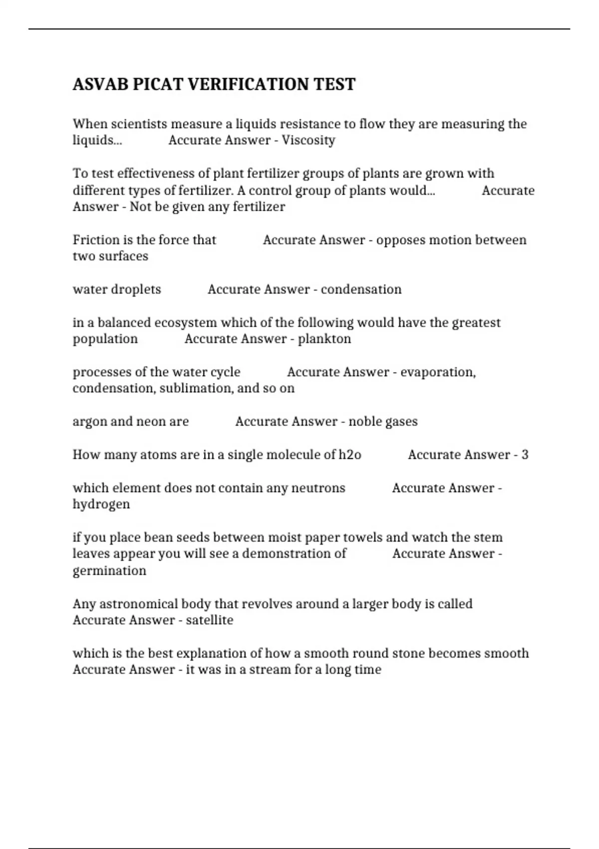 ASVAB PICAT VERIFICATION TEST WITH ACCURATE ANSWERS - ASVAB PICAT ...