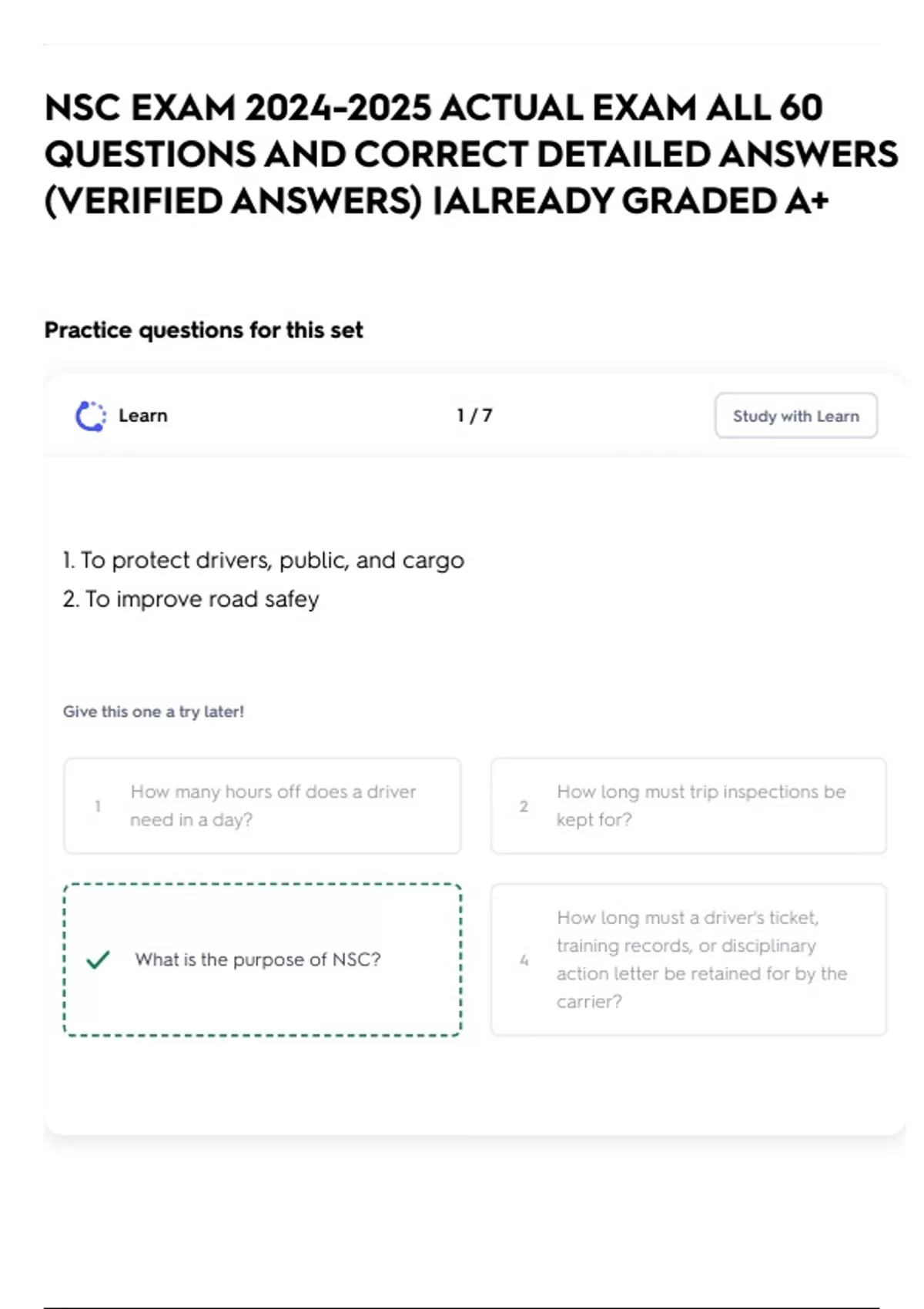 NSC EXAM ACTUAL EXAM ALL 60 QUESTIONS AND CORRECT DETAILED ANSWERS ...