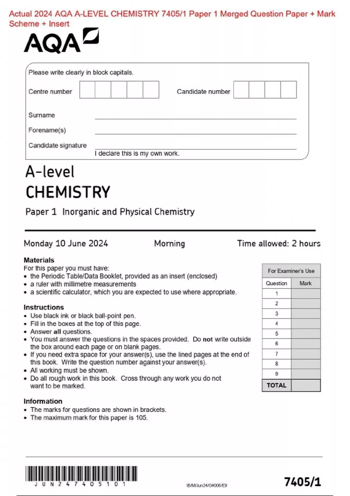 Actual 2024 AQA A-LEVEL CHEMISTRY 7405/1 Paper 1 Merged Question Paper ...