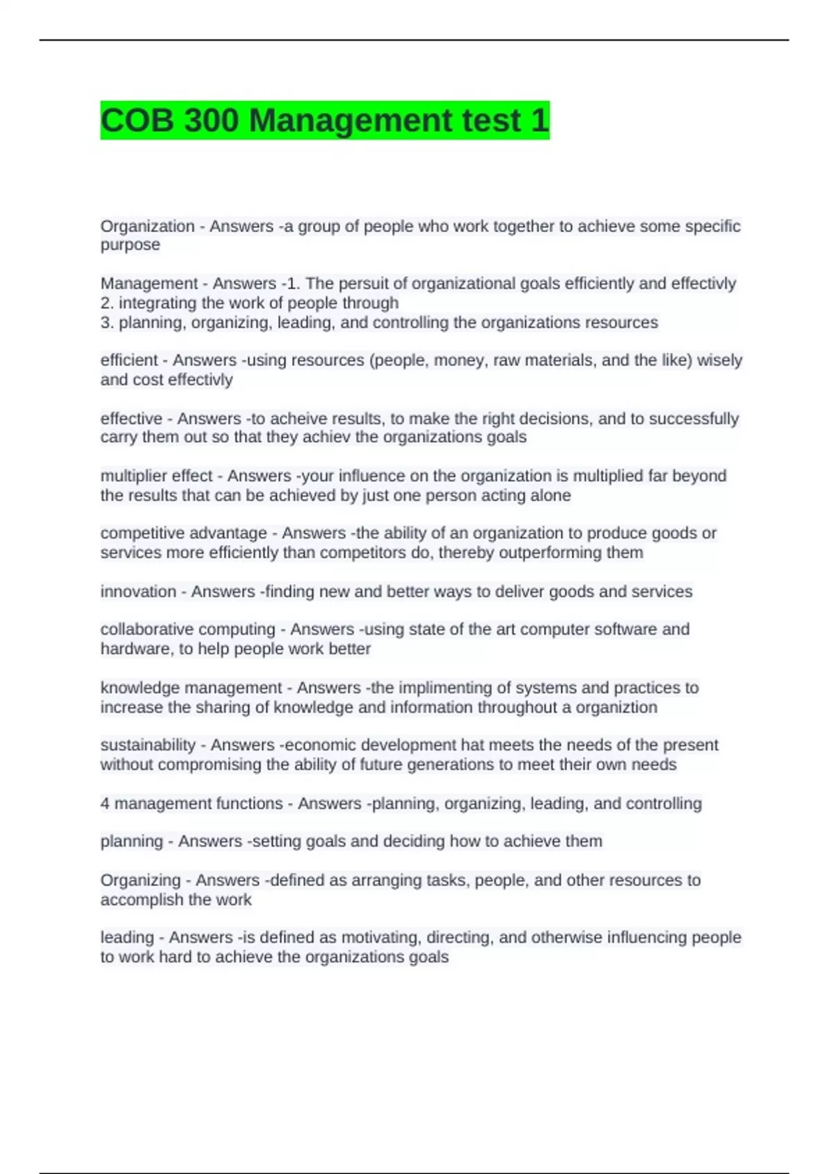 COB 300 Management test - COB 300 - Stuvia US