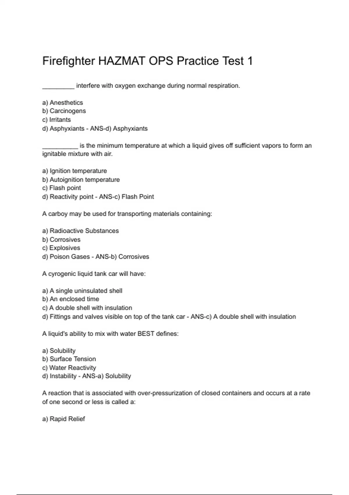 Firefighter HAZMAT OPS Practice Test 1 TEST QUESTIONS WITH 100% ...