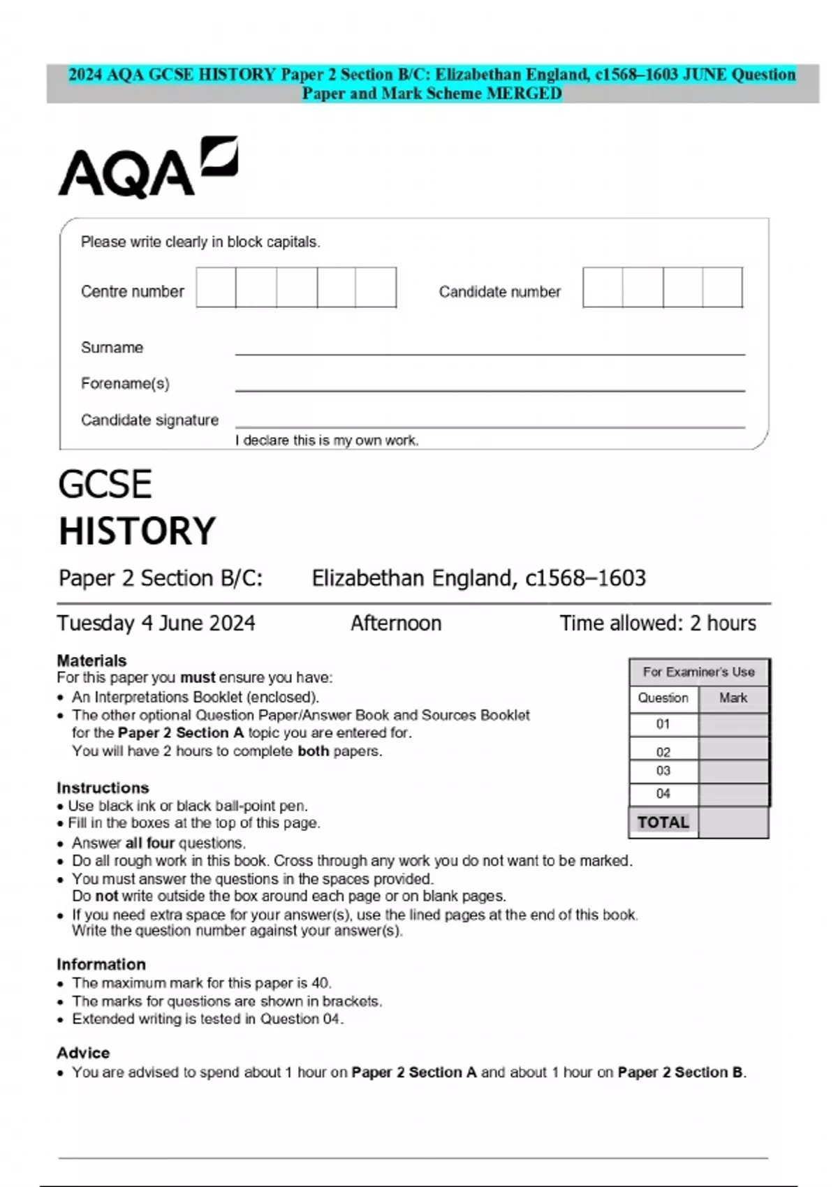 2024 AQA GCSE HISTORY Paper 2 Section B/C: Elizabethan England, c1568 ...