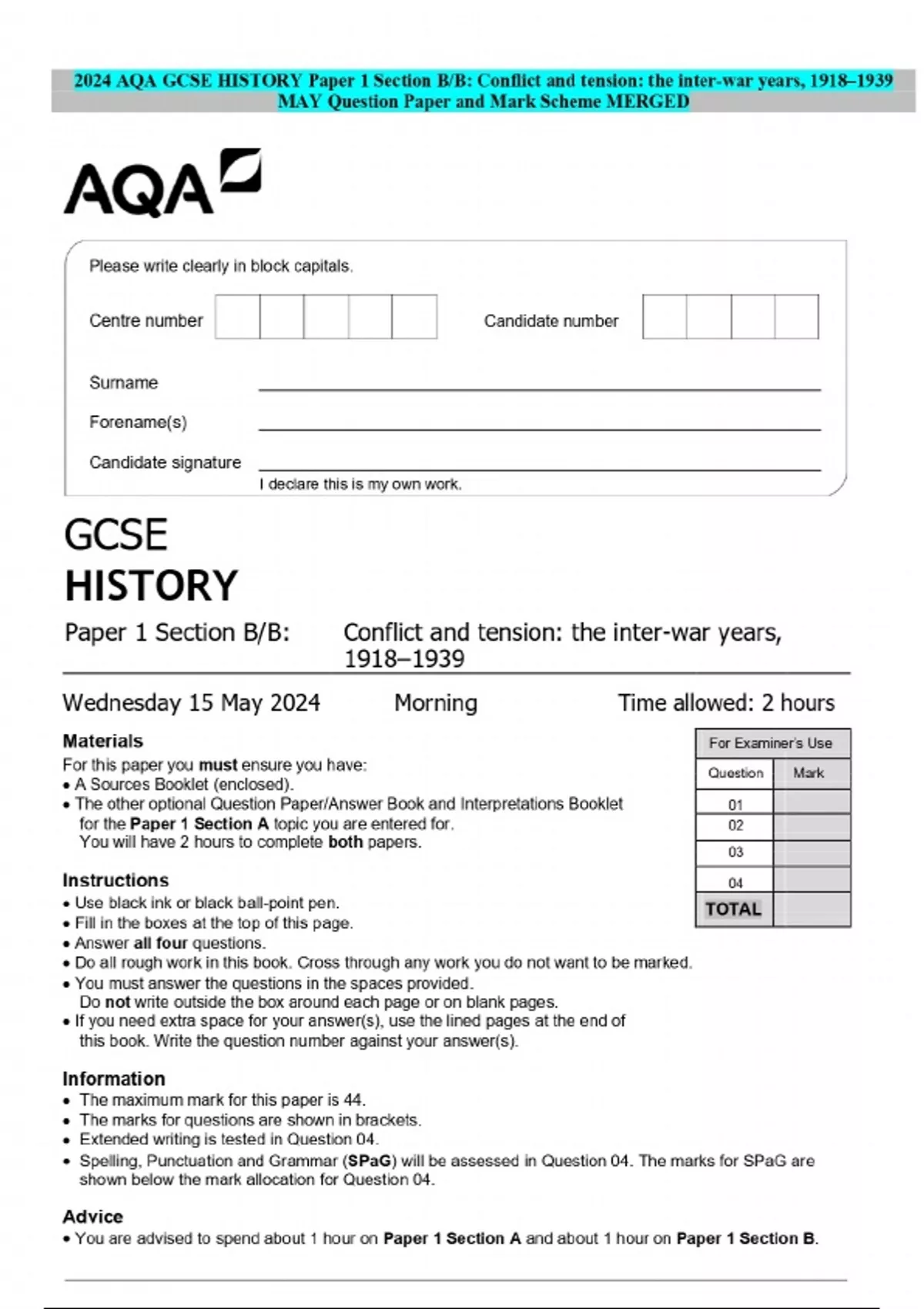 2024 AQA GCSE HISTORY Paper 1 Section B/B: Conflict and tension: the ...