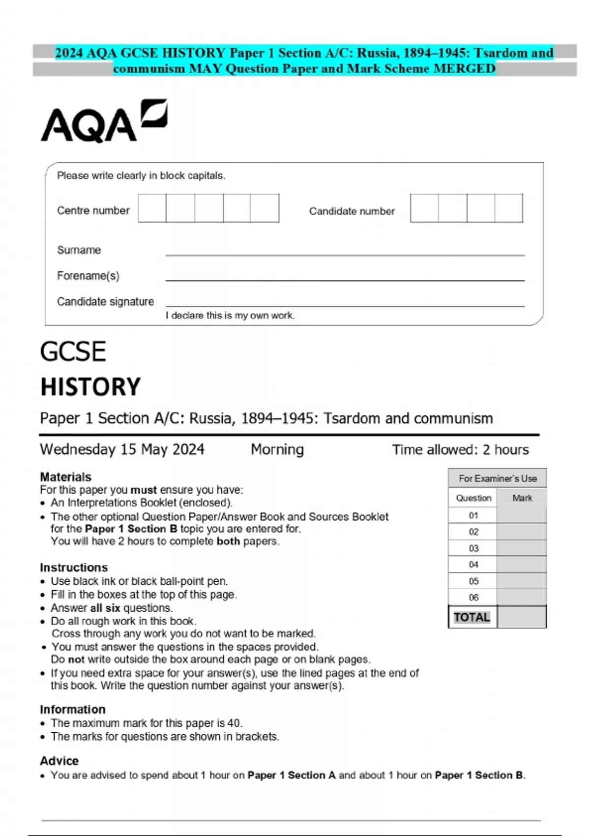 2024 AQA GCSE HISTORY Paper 1 Section A/C: Russia, 1894–1945: Tsardom ...