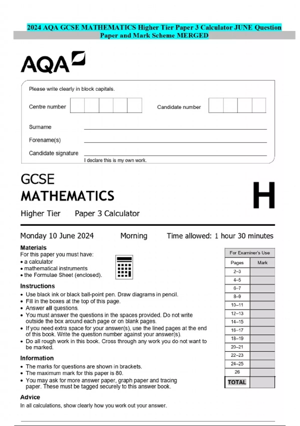 2024 AQA GCSE MATHEMATICS Higher Tier Paper 3 Calculator JUNE Question ...