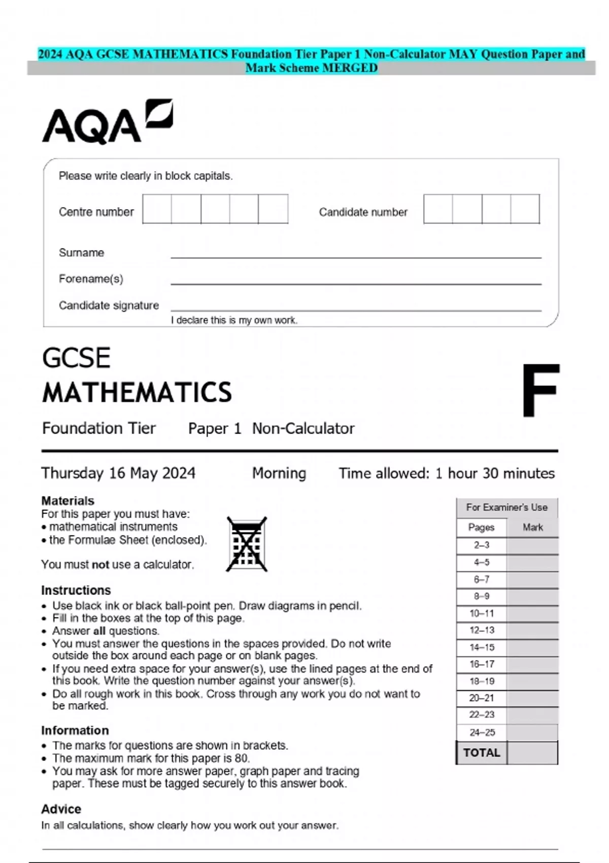 2024 AQA GCSE MATHEMATICS Foundation Tier Paper 1 Non-Calculator MAY ...