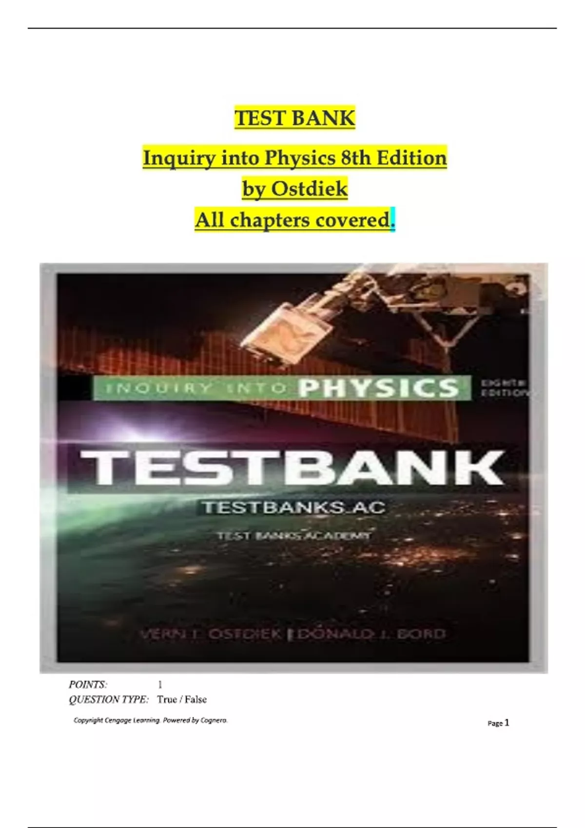 TEST BANK For Inquiry into Physics 8th Edition by Ostdiek, Verified ...