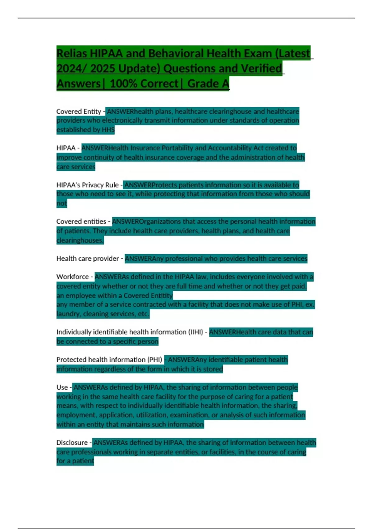 Relias HIPAA and Behavioral Health Exam - Relias HIPAA - Stuvia US