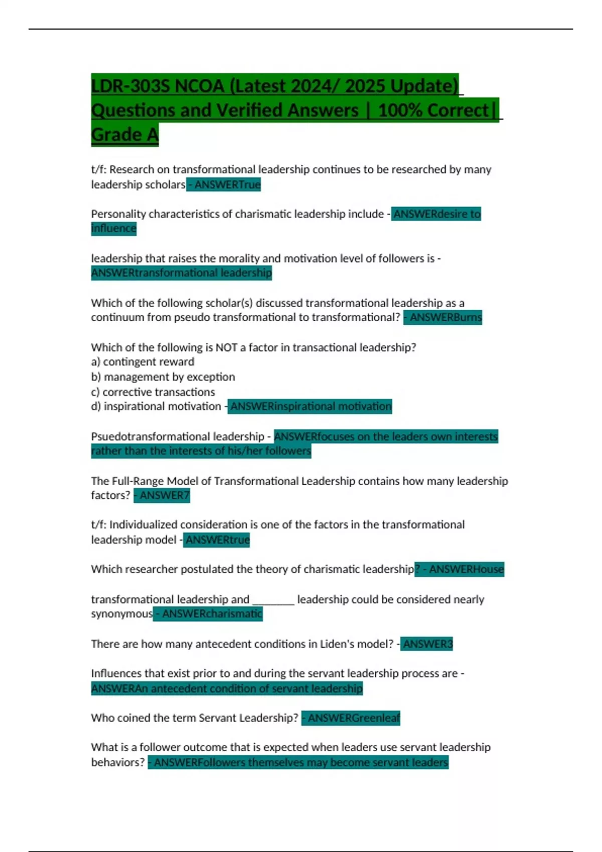 LDR-303S NCOA (Latest 2024/ 2025 Update) Questions and Verified Answers ...