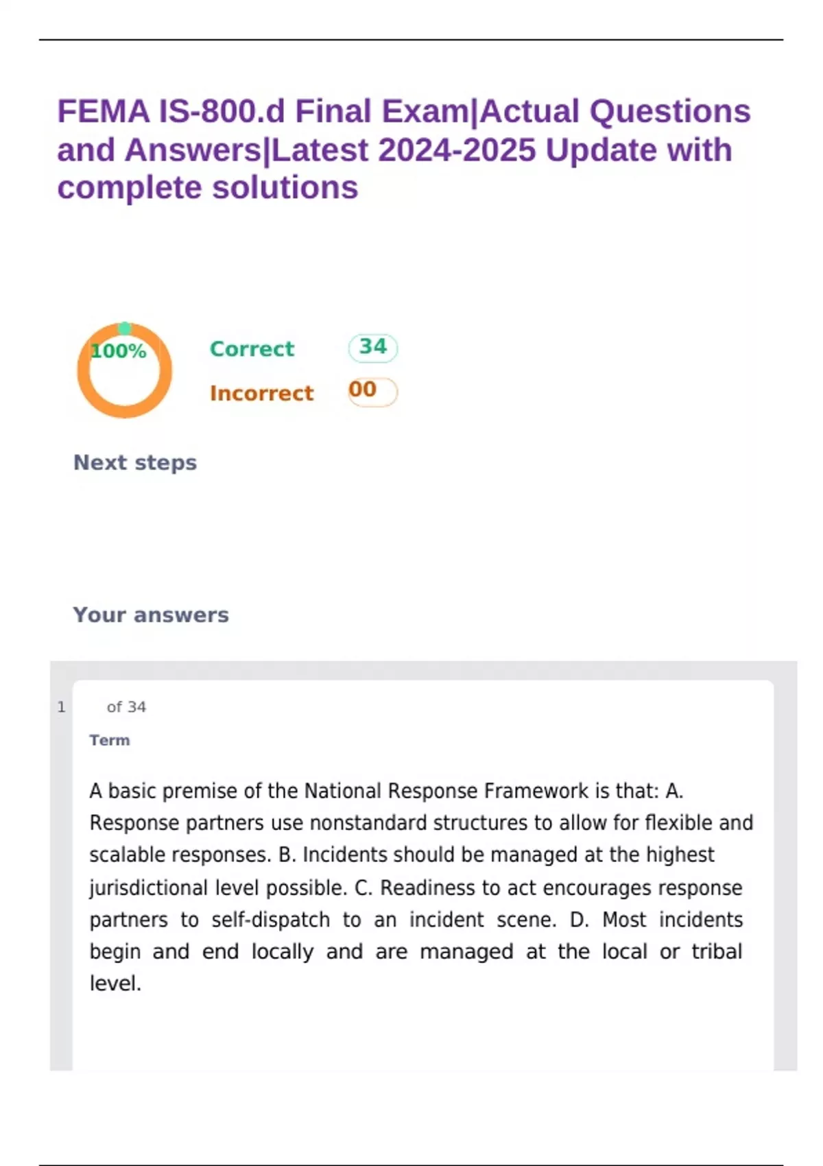 FEMA IS-800.d Final Exam|Actual Questions and Answers|Latest Update ...