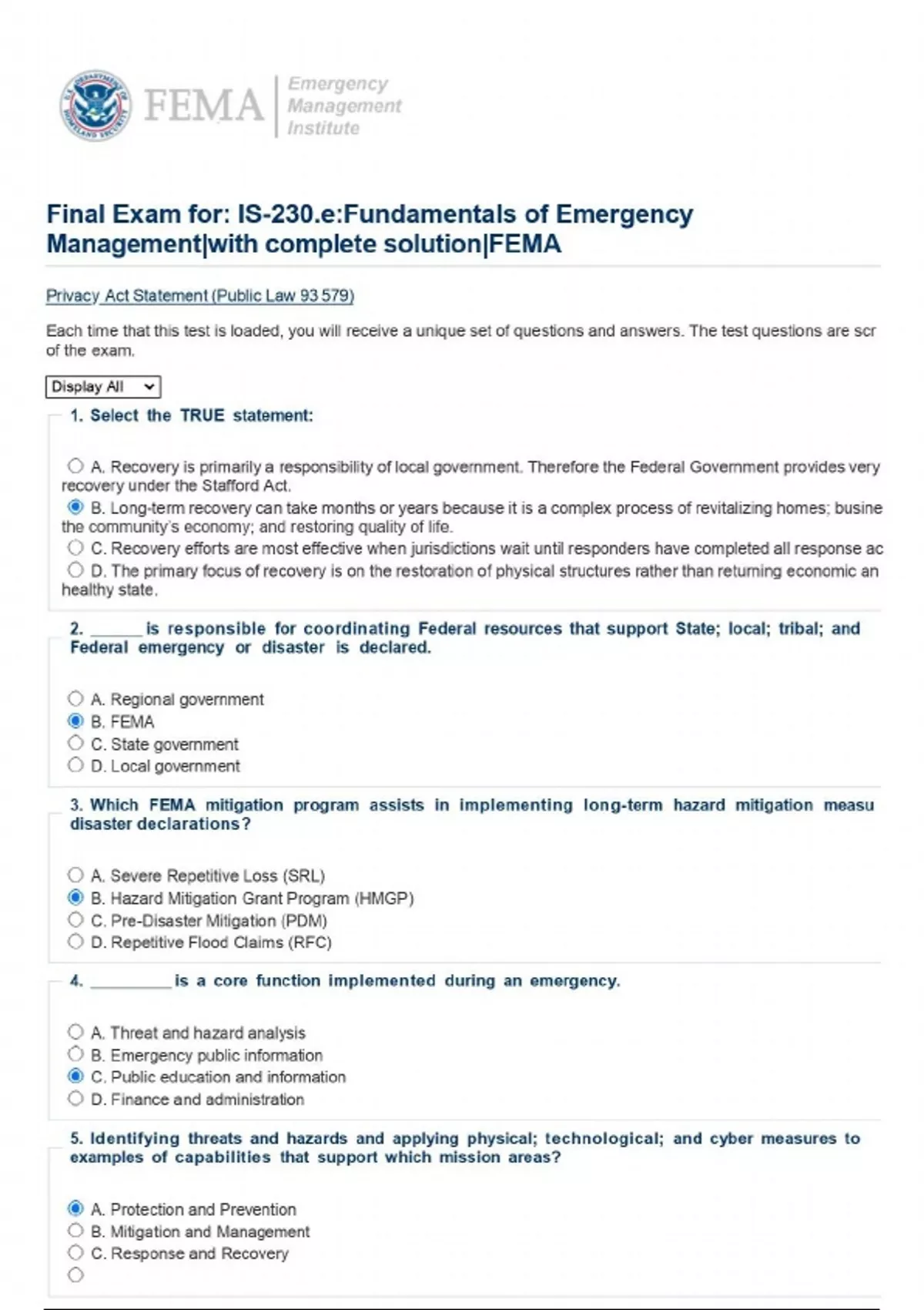 Final Exam for: IS-230.e:Fundamentals of Emergency Management|with ...