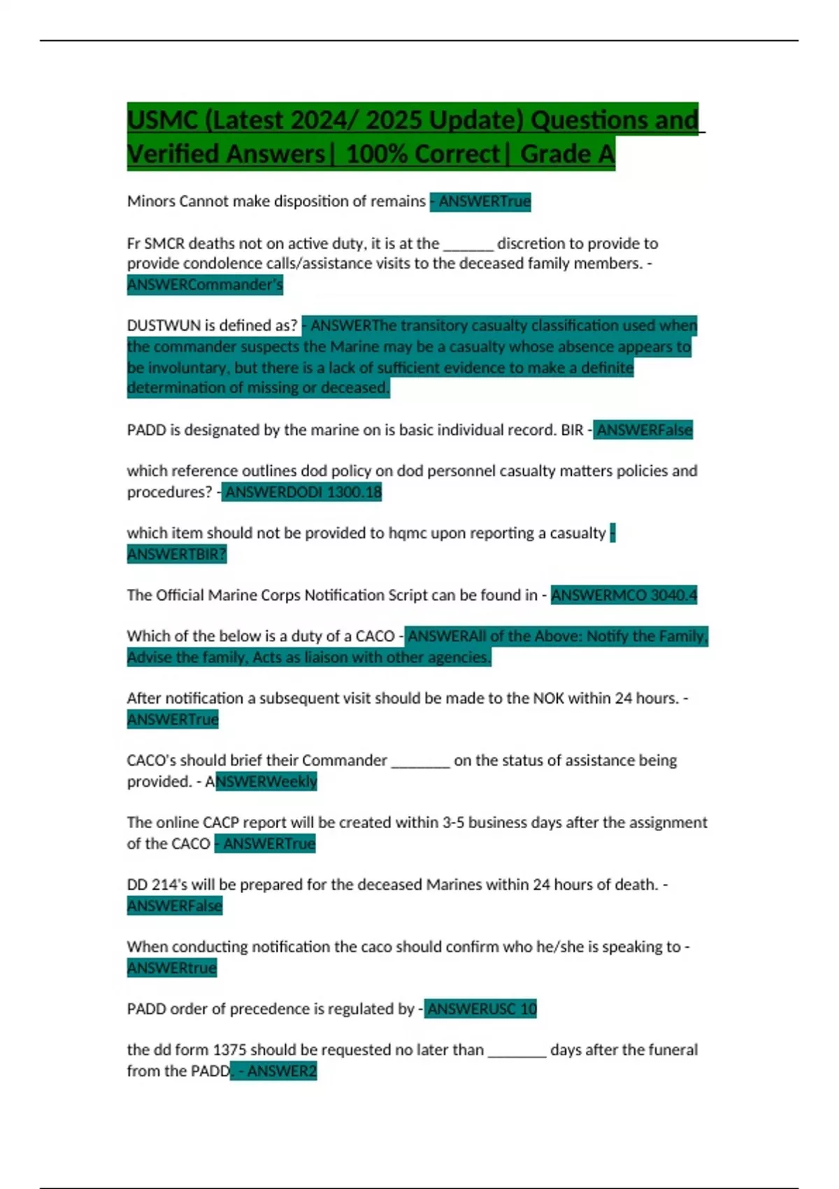 USMC (Latest 2024/ 2025 Update) Questions and Verified Answers| 100% ...