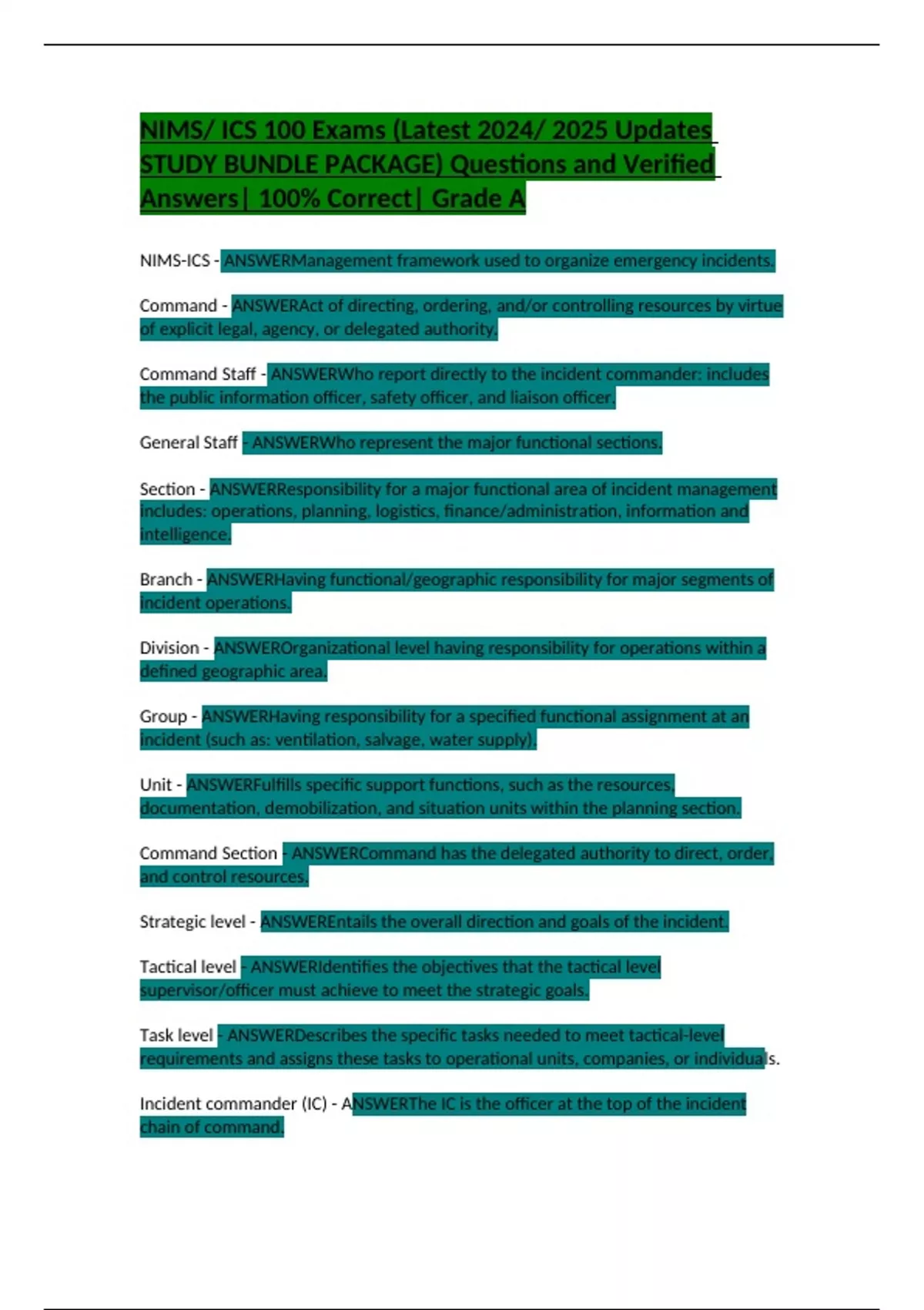 NIMS/ ICS 100 Exams (Latest 2024/ 2025 Updates STUDY BUNDLE PACKAGE ...